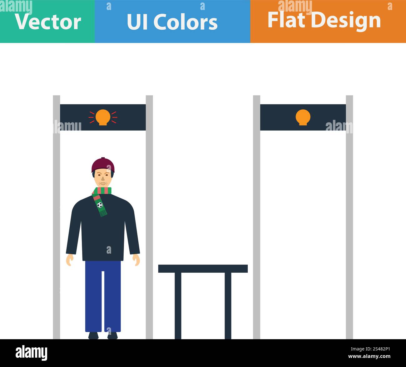 Stadium metal detector frame with inspecting fan icon. Flat design in ...