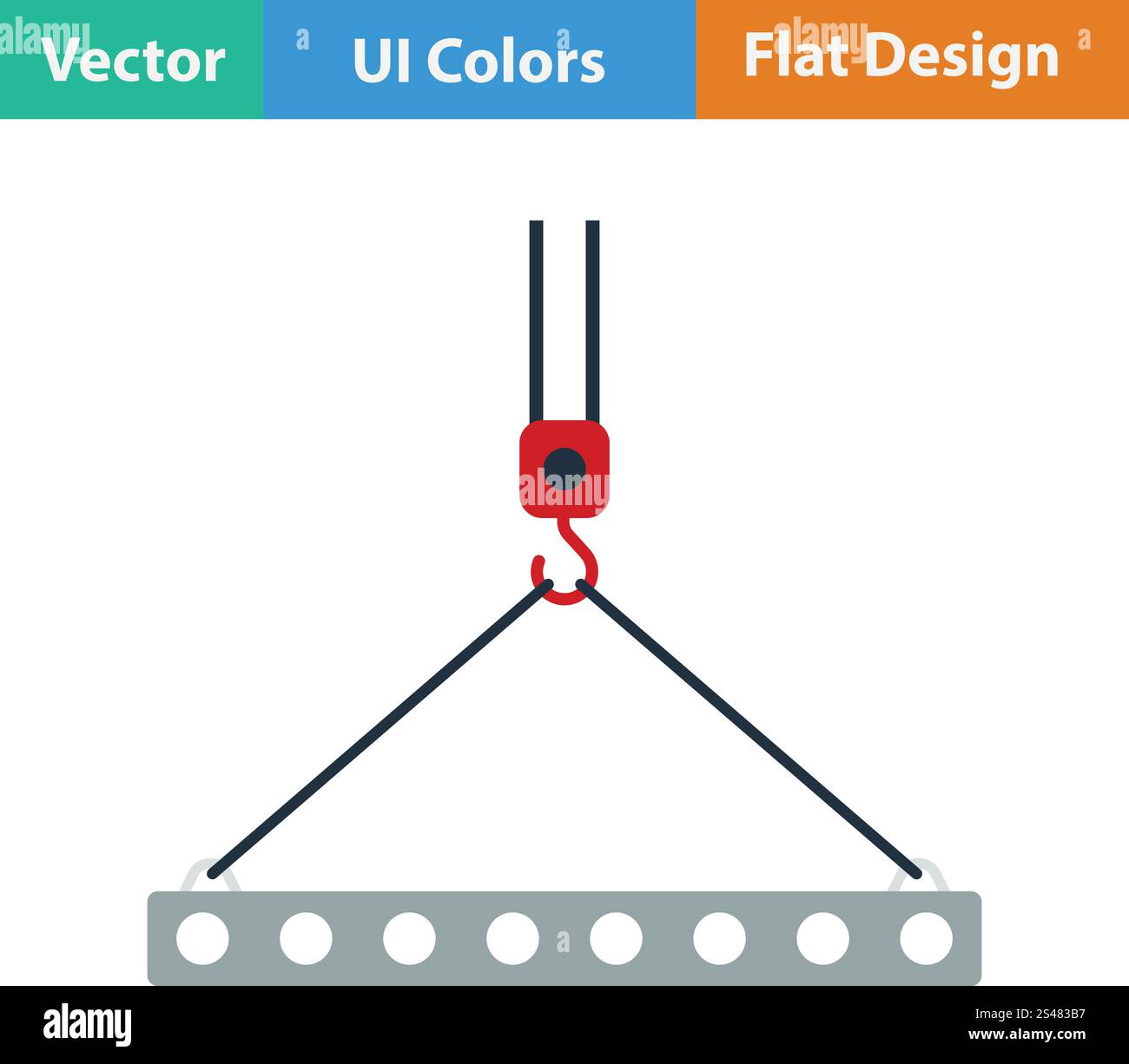 Flat design icon of slab hanged on crane hook by rope slings in ui colors. Vector illustration ...