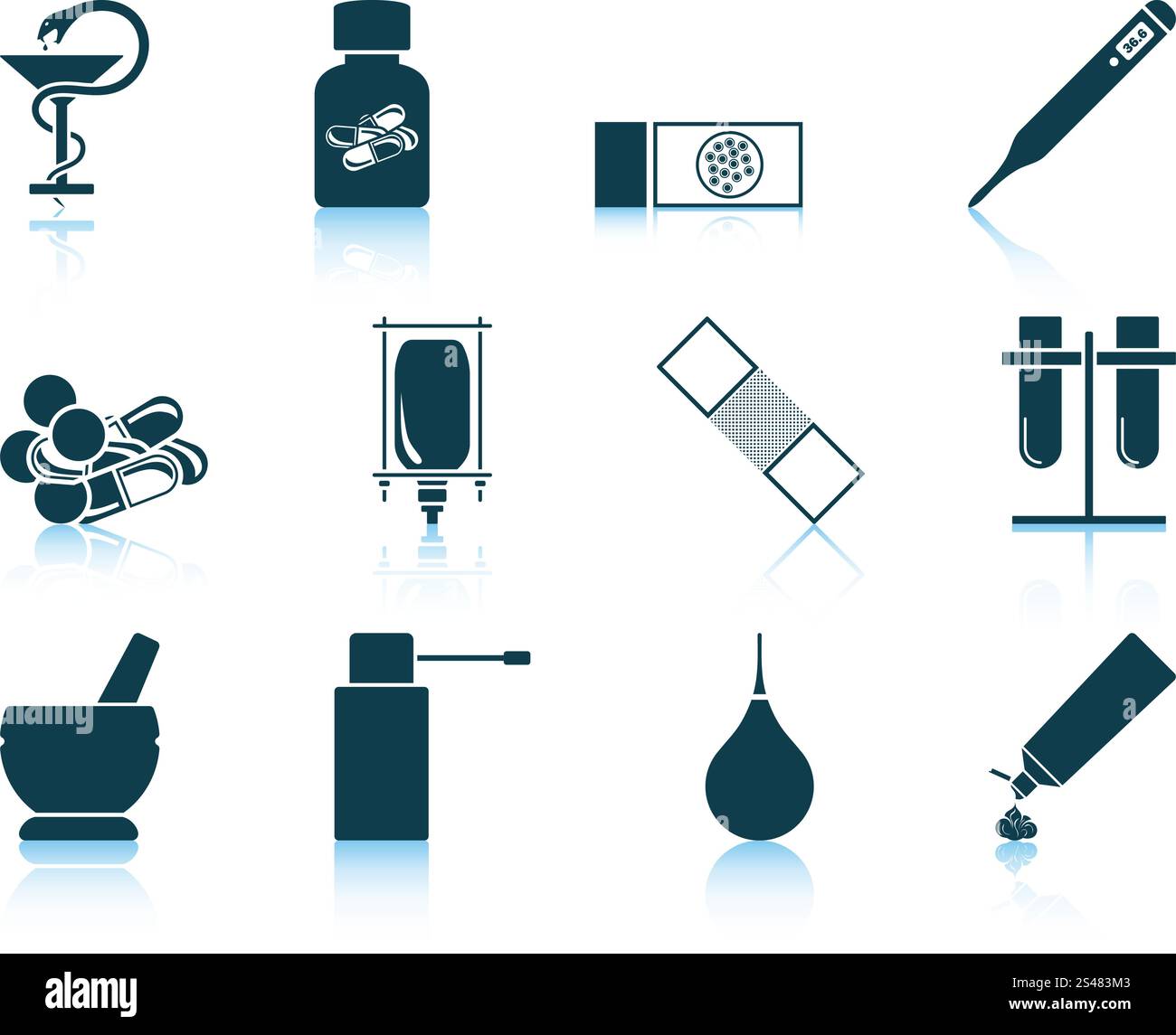 Set of twelve pharmacy icons with reflections. Vector illustration ...