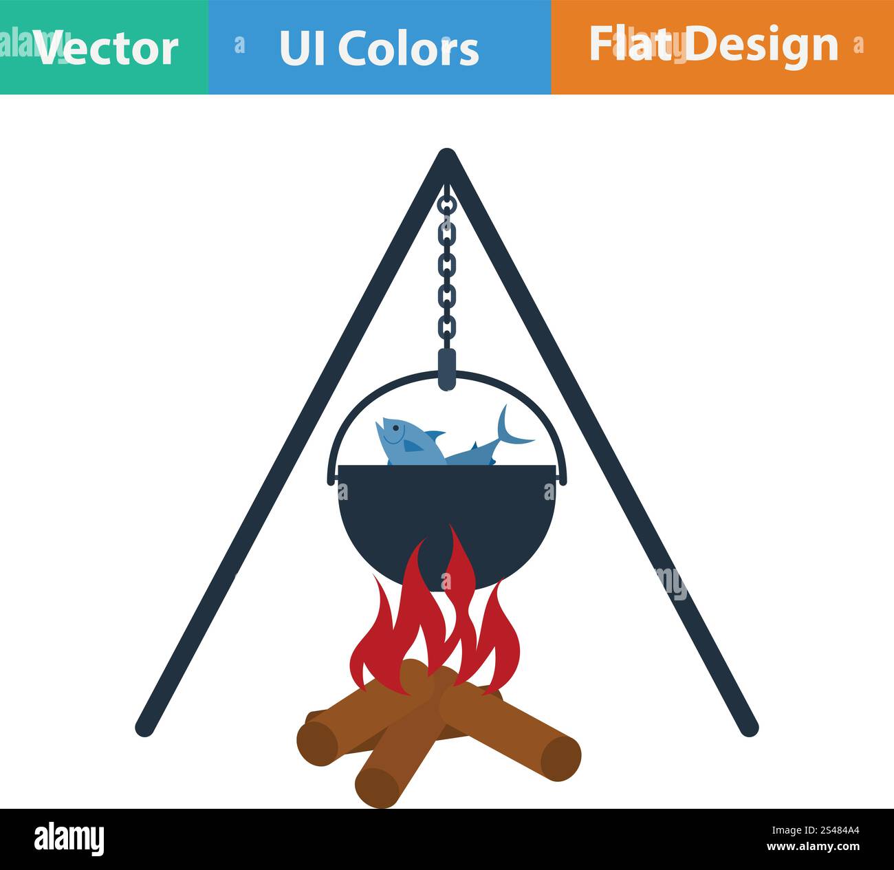 Flat design icon of fire and fishing pot. Flat design icon of fire and ...