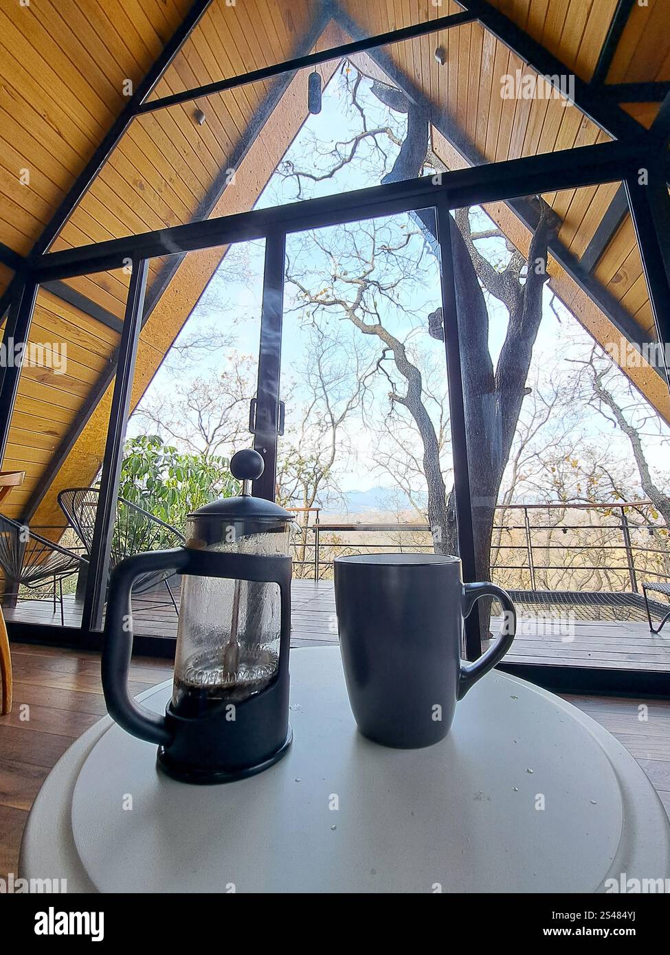 Preparing coffee in a French press or plunger coffee maker inside a ...