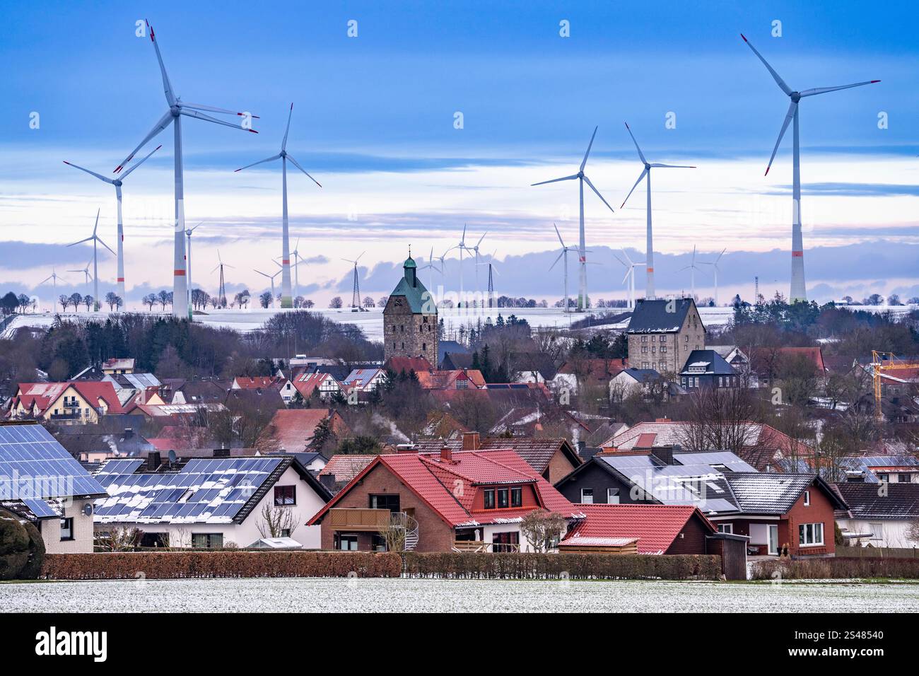 The town of Lichtenau, a self-proclaimed energy town, wind farm, over ...