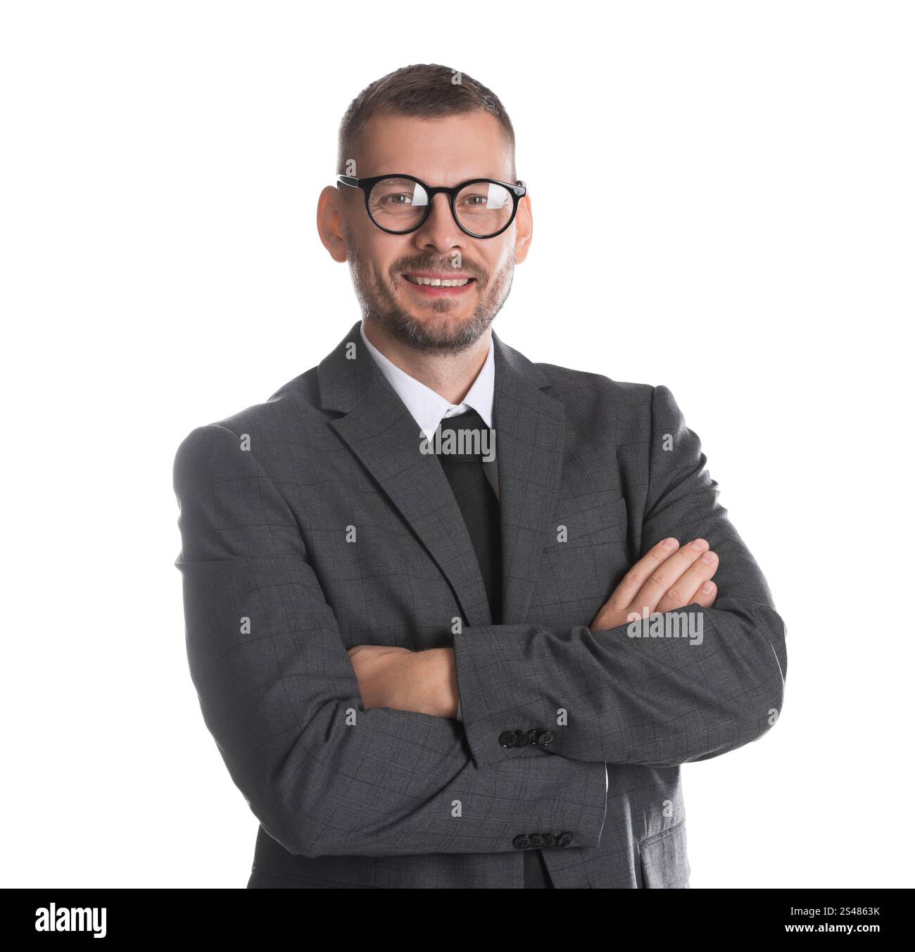 Portrait of banker in glasses with crossed arms on white background ...