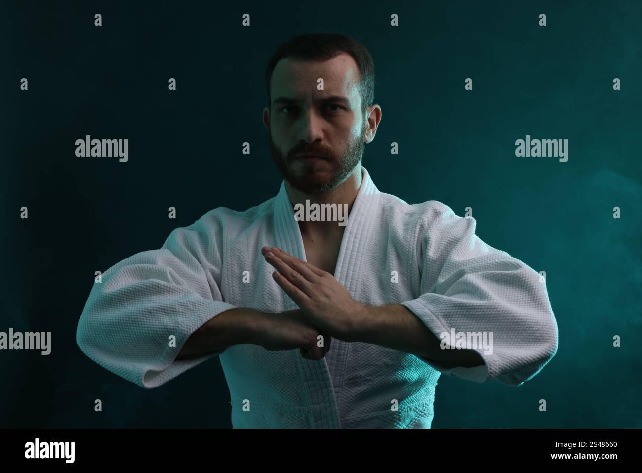 Karate fighter wearing uniform in color lights and smoke Stock Photo ...