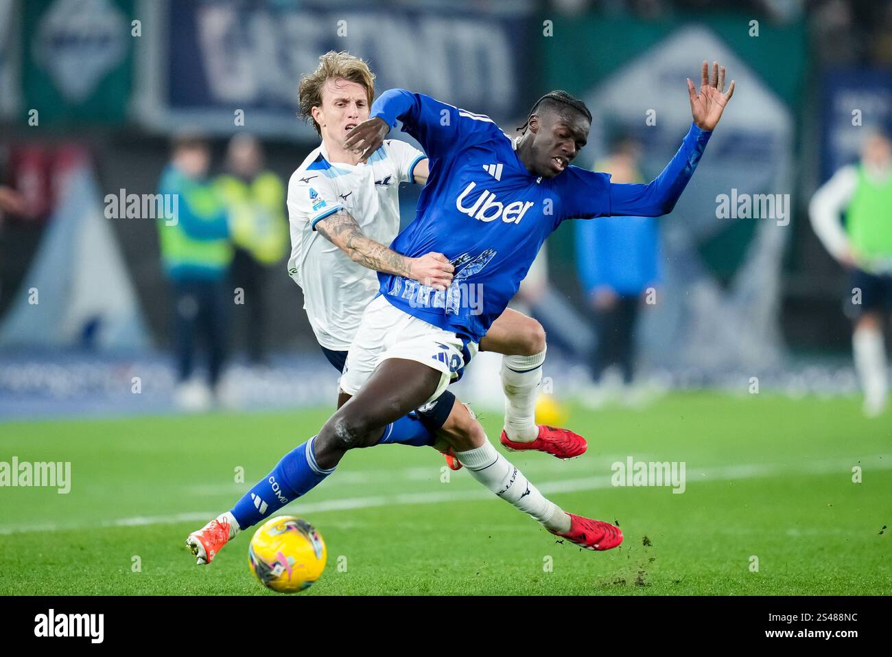 Rome, Italy. 10th Jan, 2025. Assane Diao of Como 1907 and Nicolo' Rovella of SS Lazio compete ...