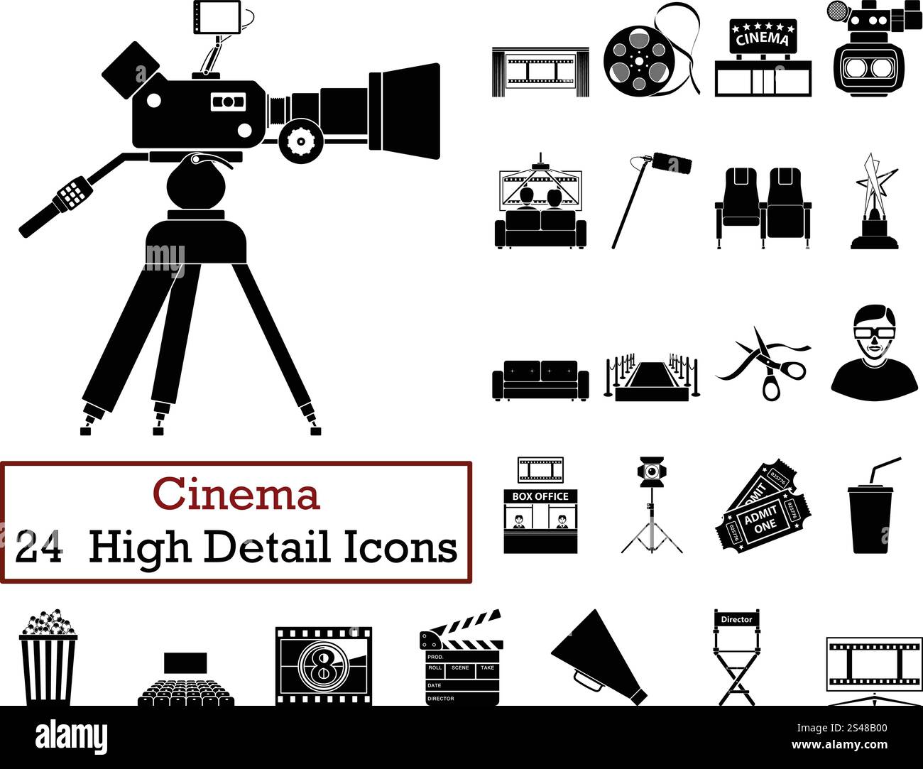 Set of 24 Cinema Icons in Black Color.Vector illustration Stock Vector ...