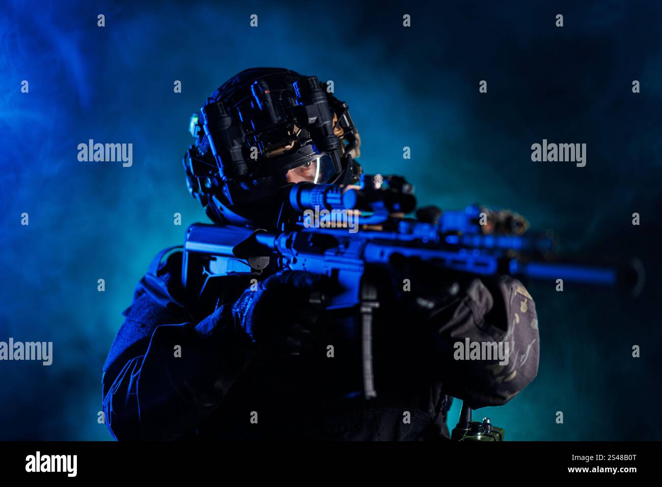 A soldier equipped with advanced gear and rifle, set against a dramatic ...