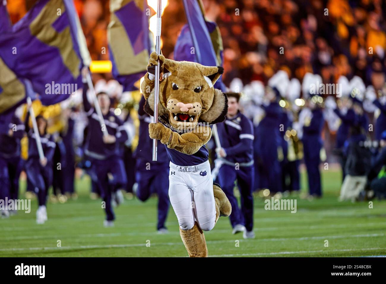 FRISCO, TX - JANUARY 06: The Montana State Bobcats mascot runs with the ...