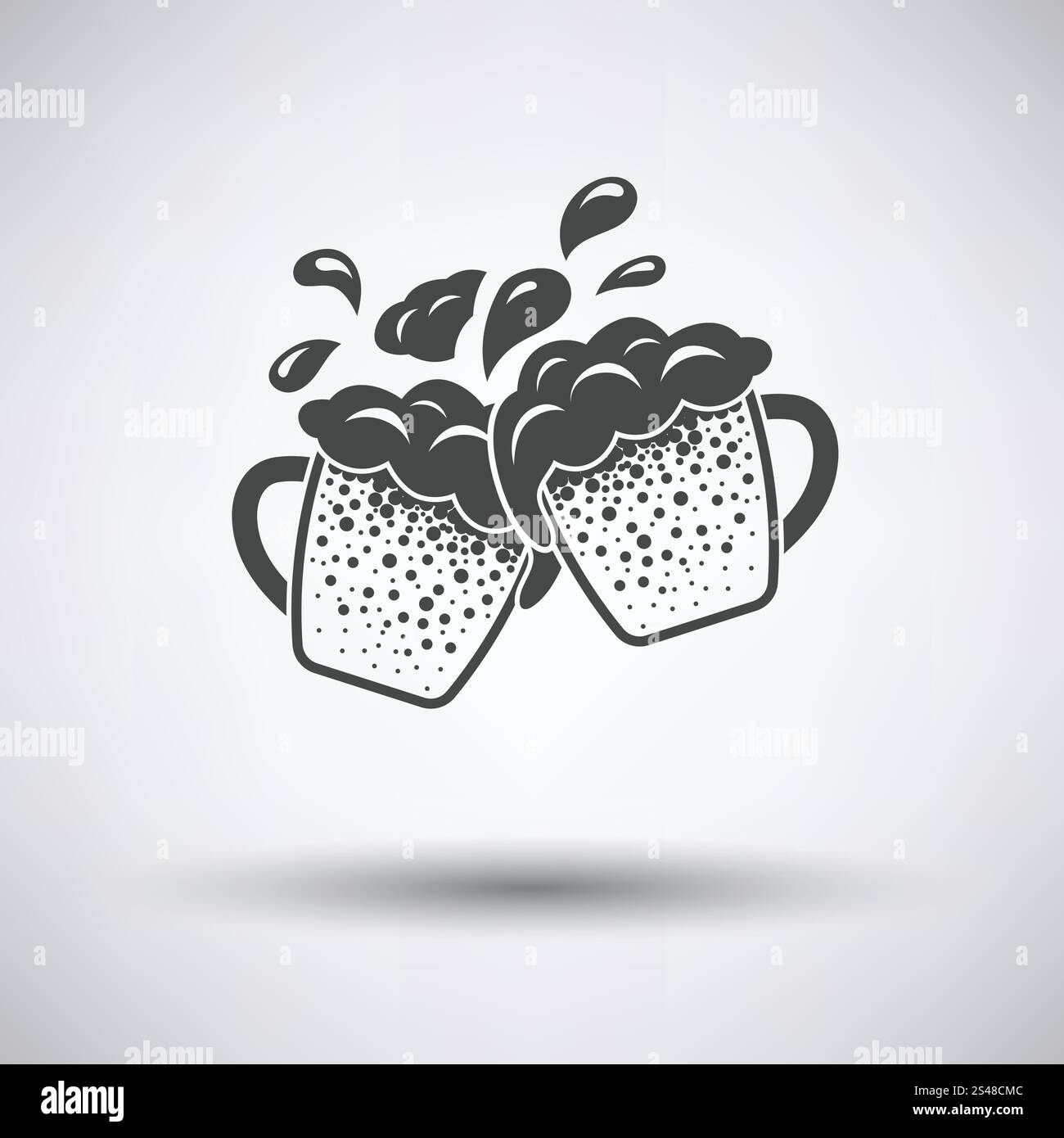 Two clinking beer mugs with fly off foam icon on gray background, round ...