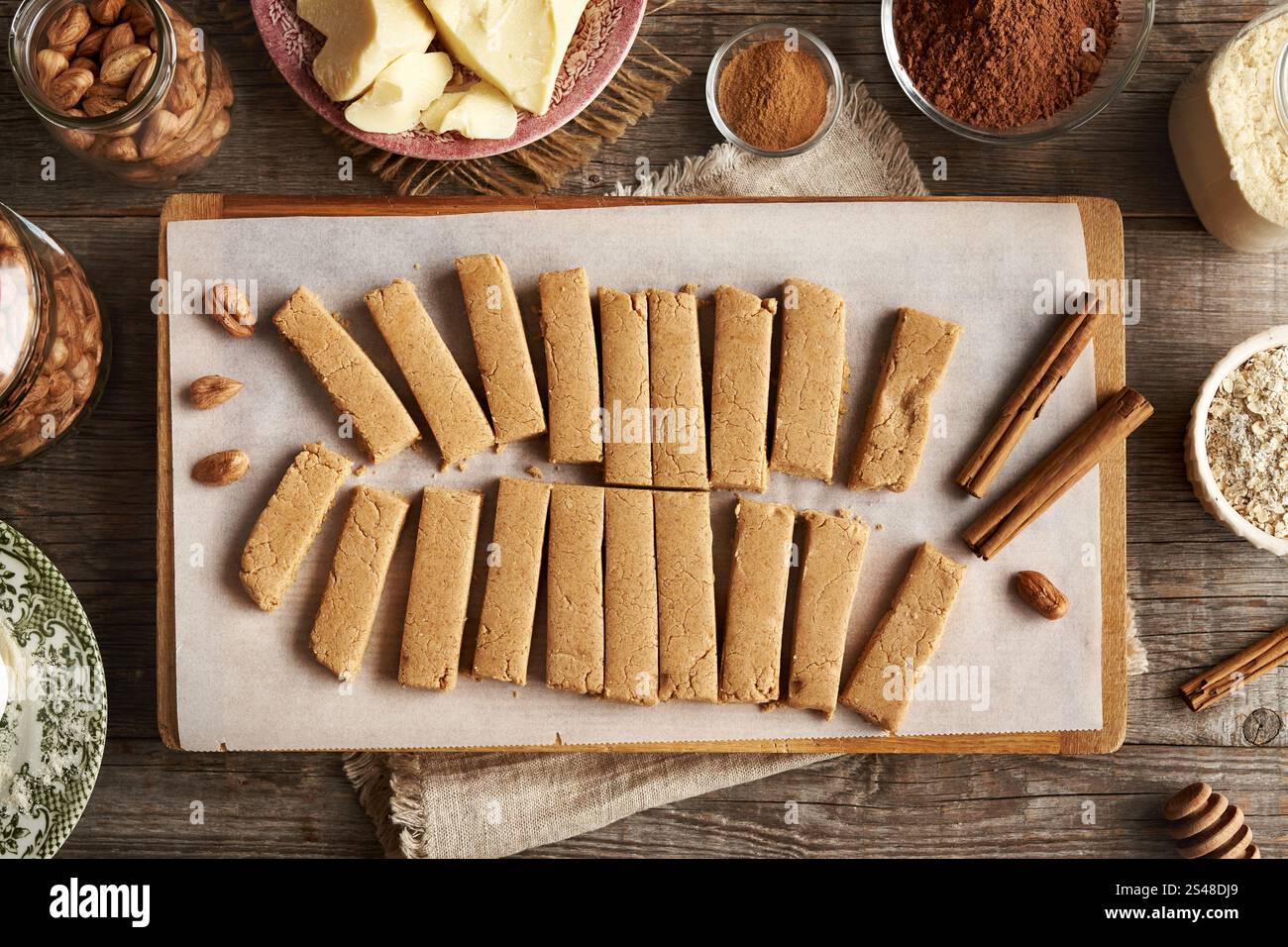 Homemade snack bars made of whey protein powder, ground oat flakes ...