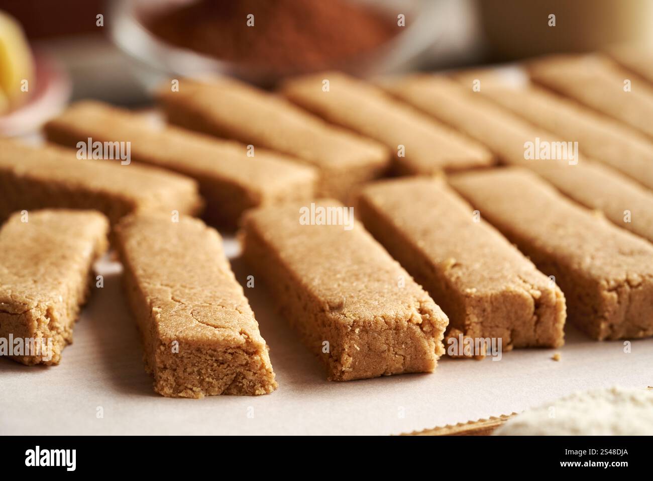 Homemade snack bars made of whey protein powder, ground oat flakes ...