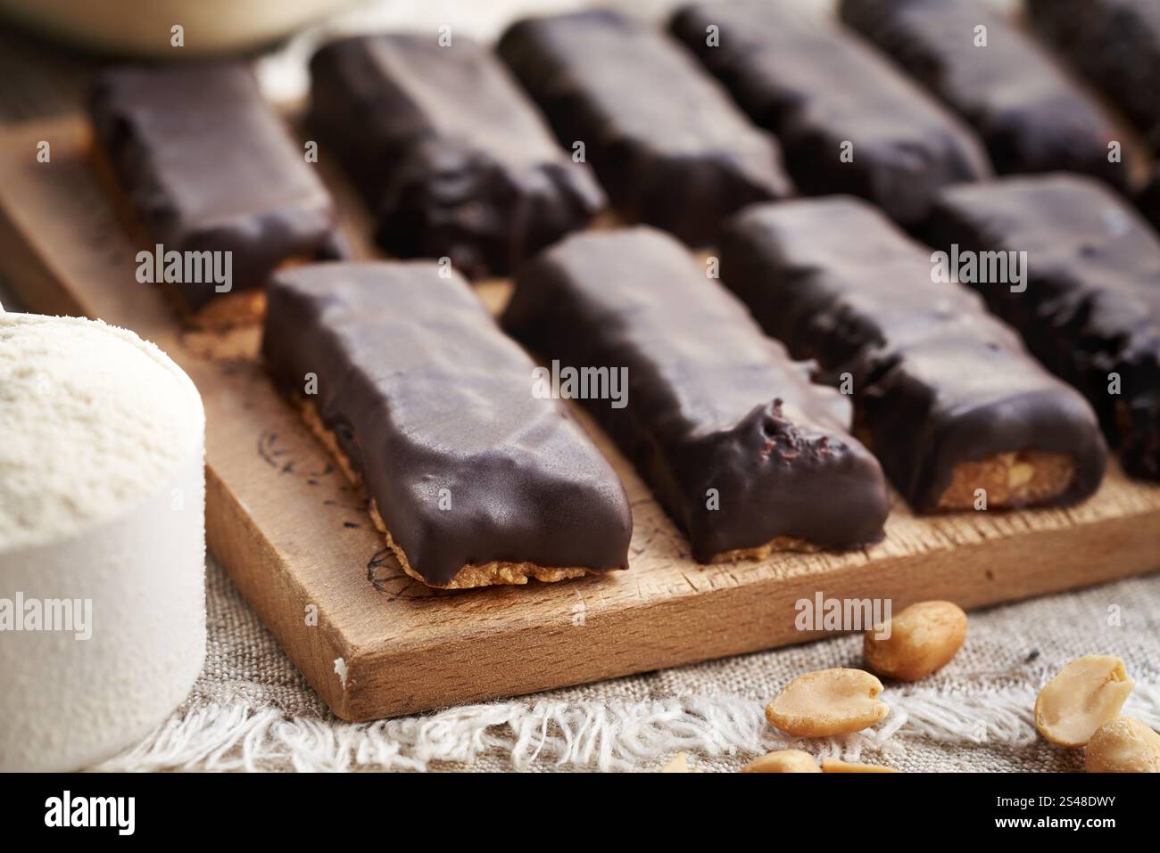 Homemade healthy bars made of whey protein powder and peanut butter ...