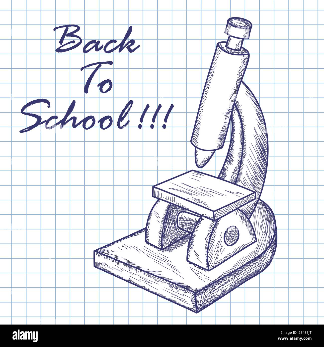 School microscope.Doodle sketch on checkered paper background. Vector ...