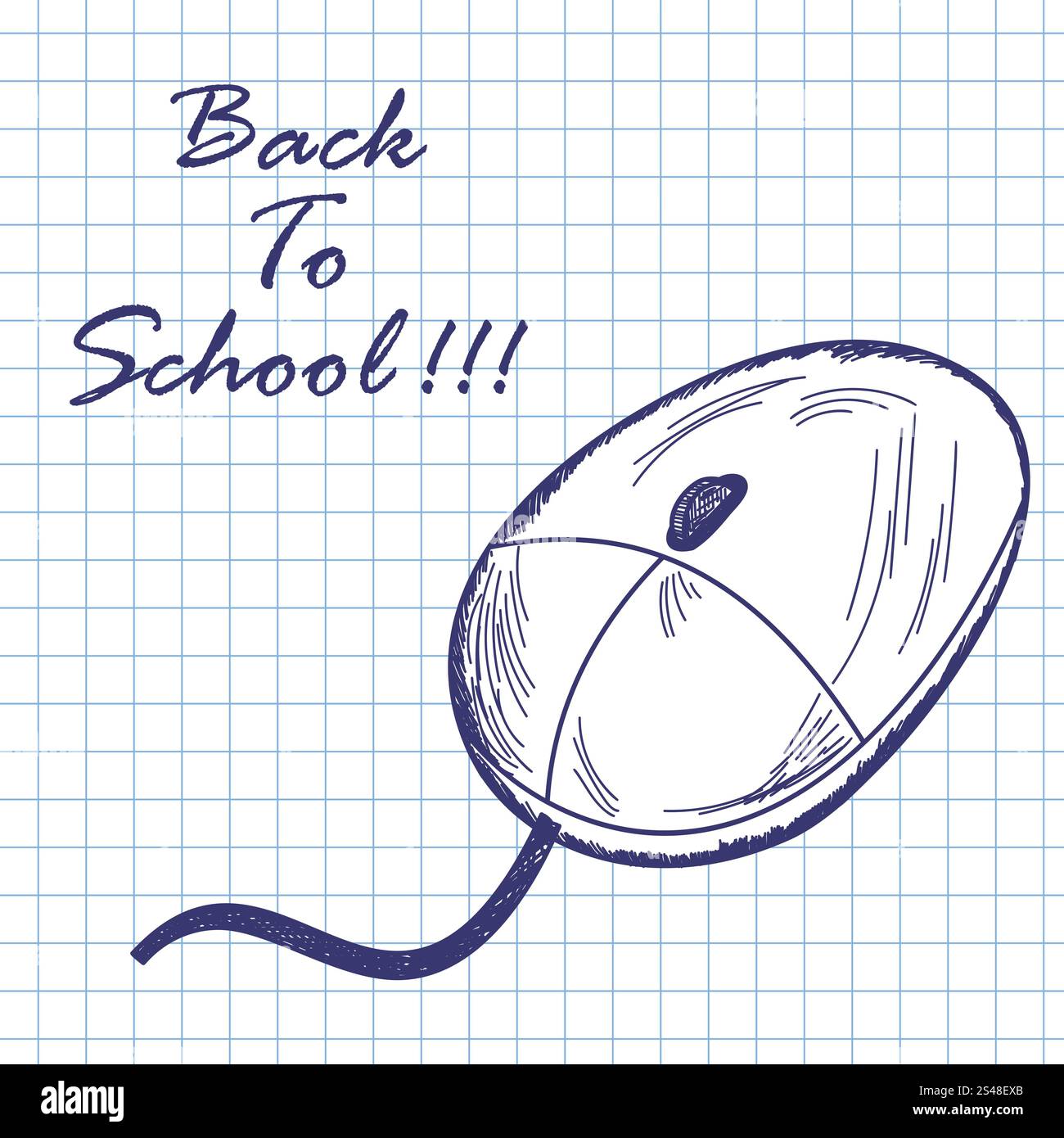 Computer mouse. Doodle sketch on checkered paper background. Vector ...