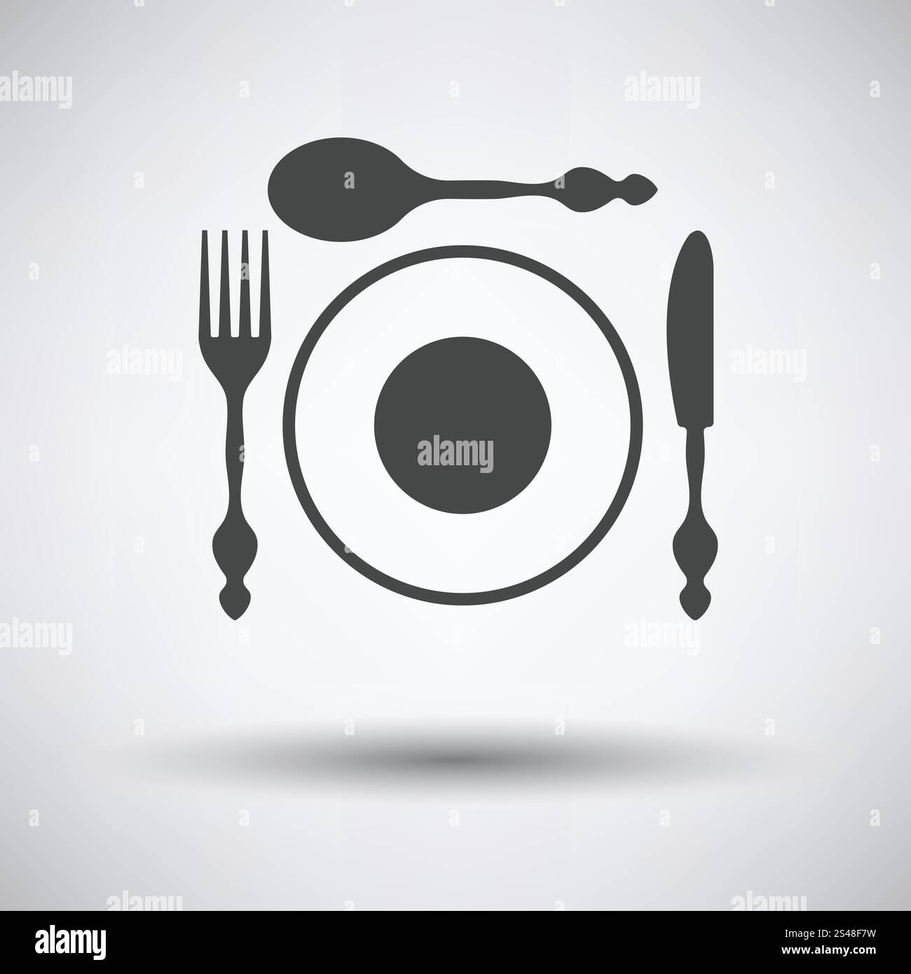 Silverware and plate icon on gray background with round shadow. Vector ...