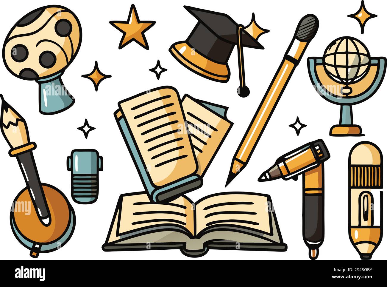 Artistic design of academic tools like books, pencils, and globe ...
