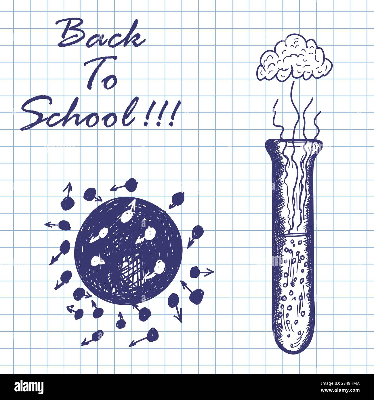 Chemical flask. Doodle sketch on checkered paper background. Vector ...