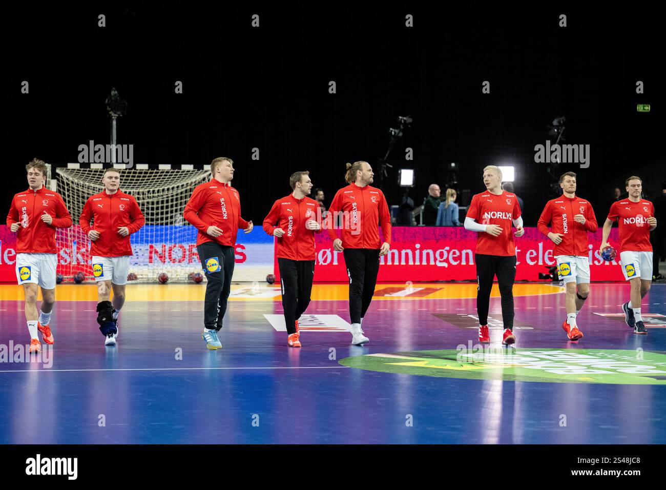 Copenhagen, Denmark. 10th Jan, 2025. The players of Denmark are warming ...