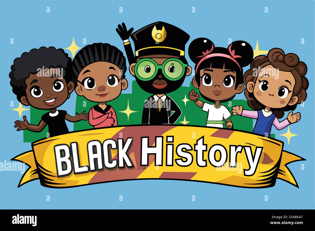 Cartoon style Black History Month illustration with diverse characters ...