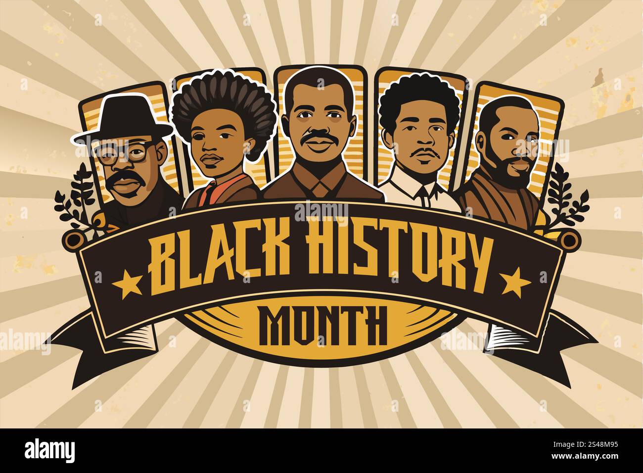 Retro style Black History Month banner with historical portraits ...