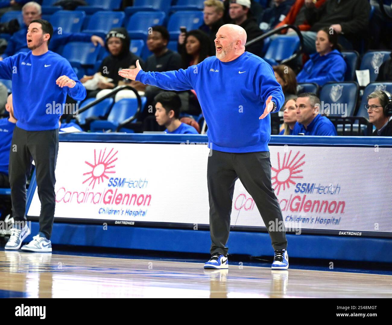 ST. LOUIS, MO - JANUARY 08: Saint Louis head coach Josh Schertz reacts ...