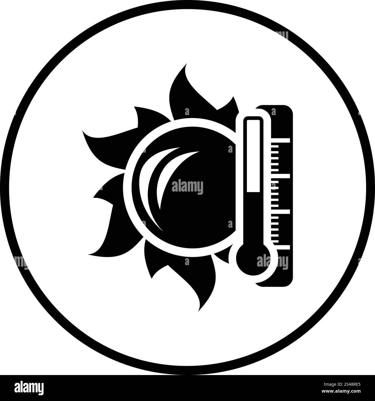 Sun and thermometer with high temperature icon. Thin circle design ...