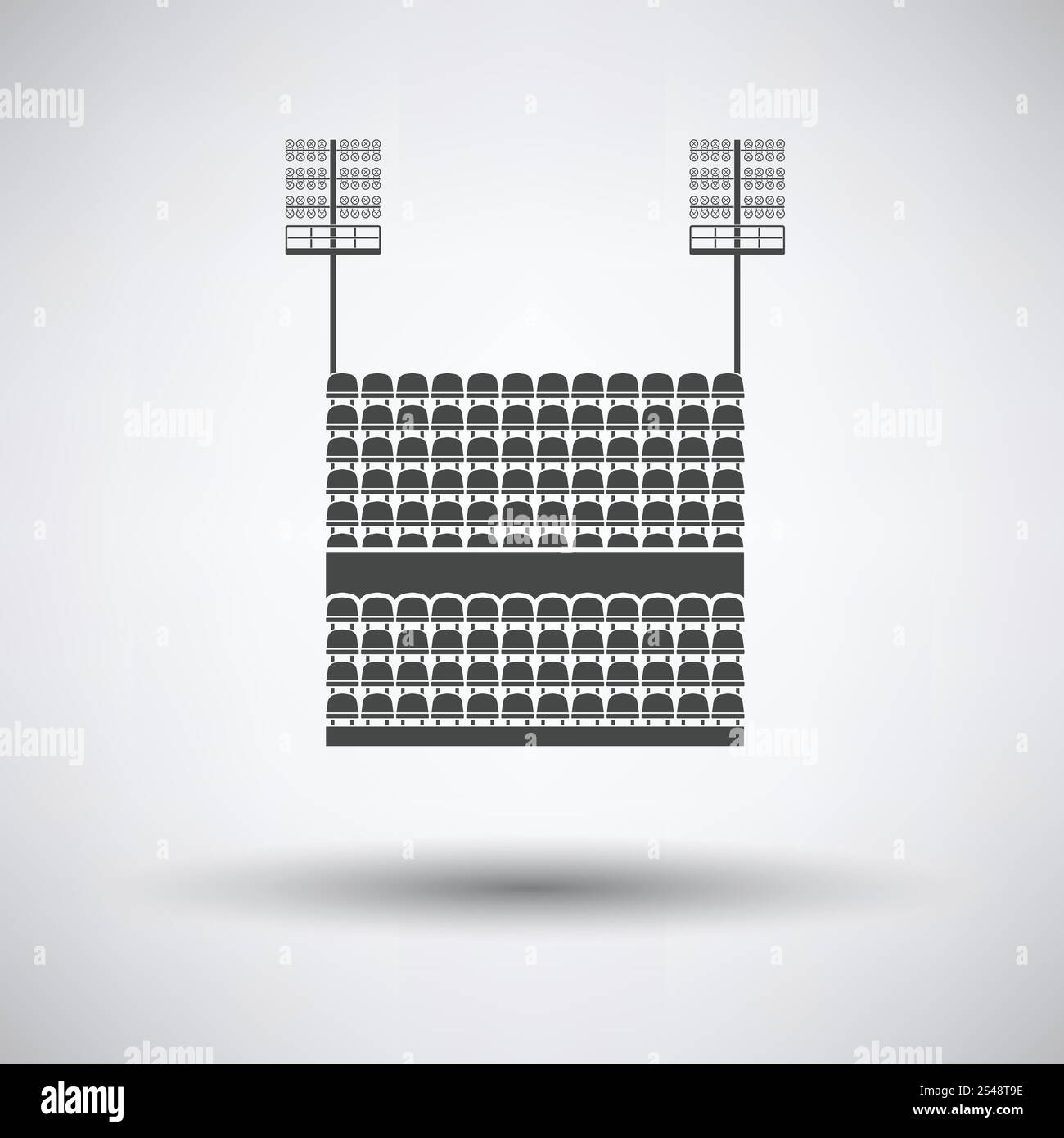 Stadium tribune with seats and light mast icon on gray background, round shadow. Vector ...