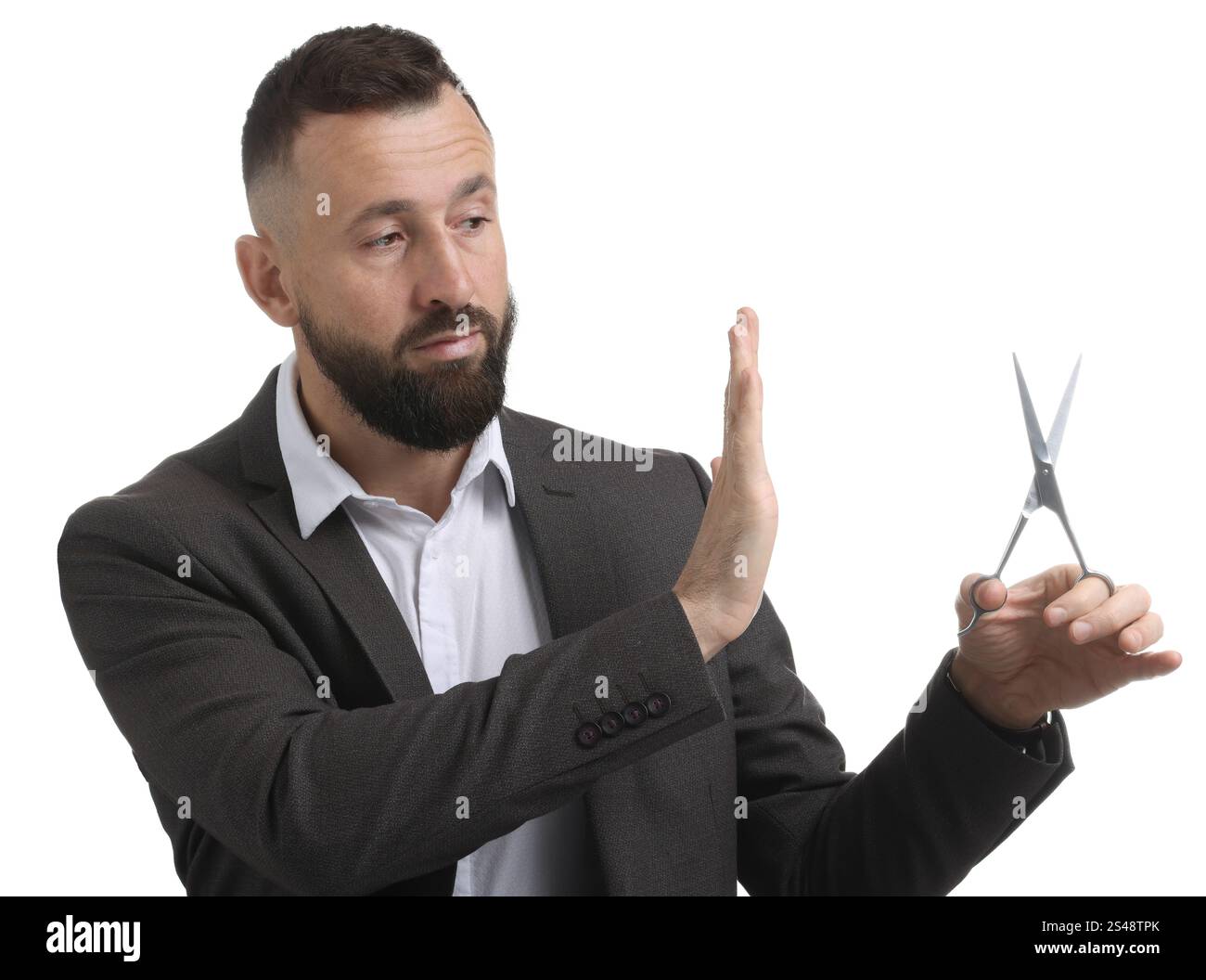Bearded man with scissors making stop gesture on white background Stock ...