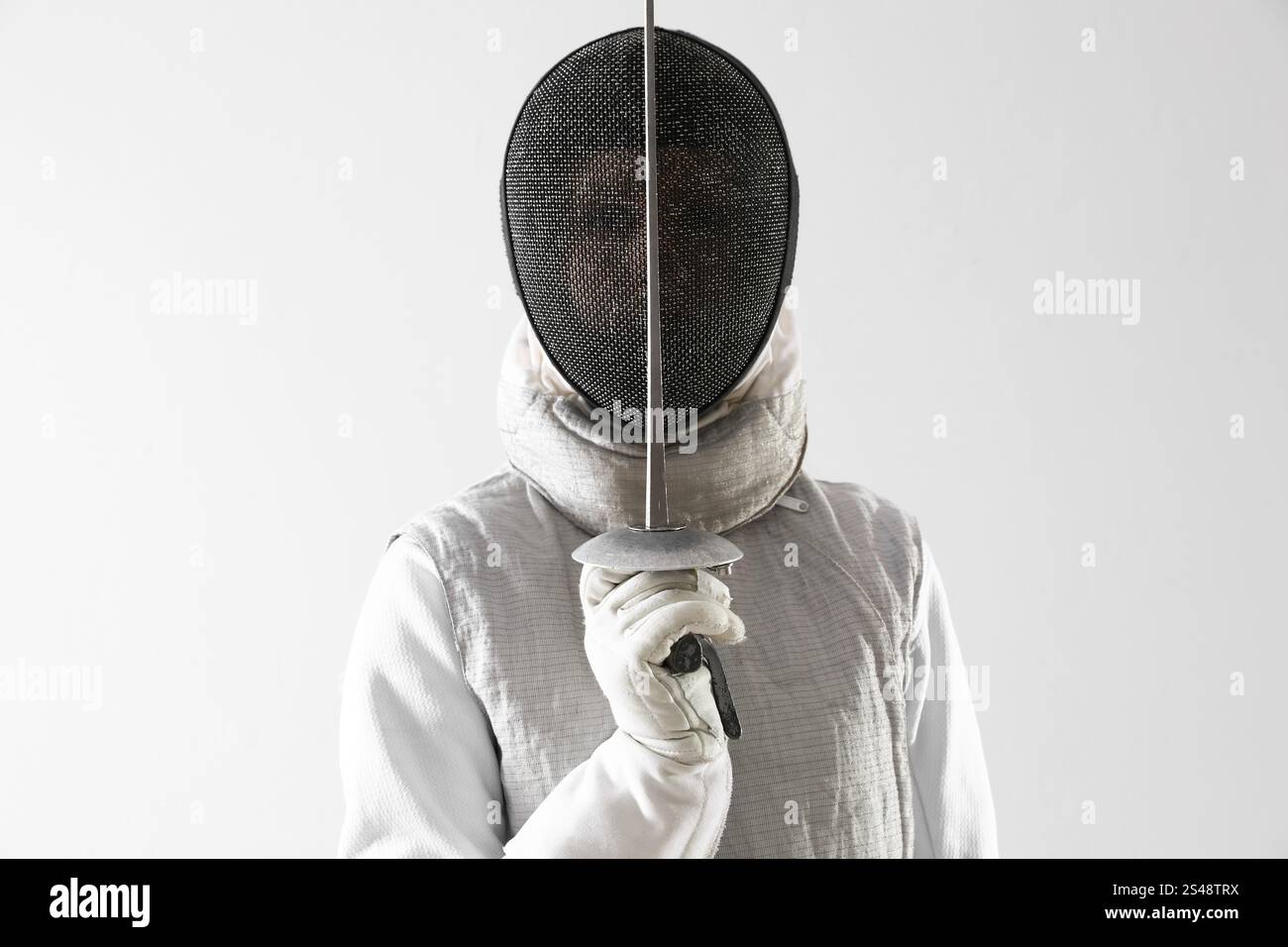 Fencer with epee on white background. Combat sport Stock Photo - Alamy