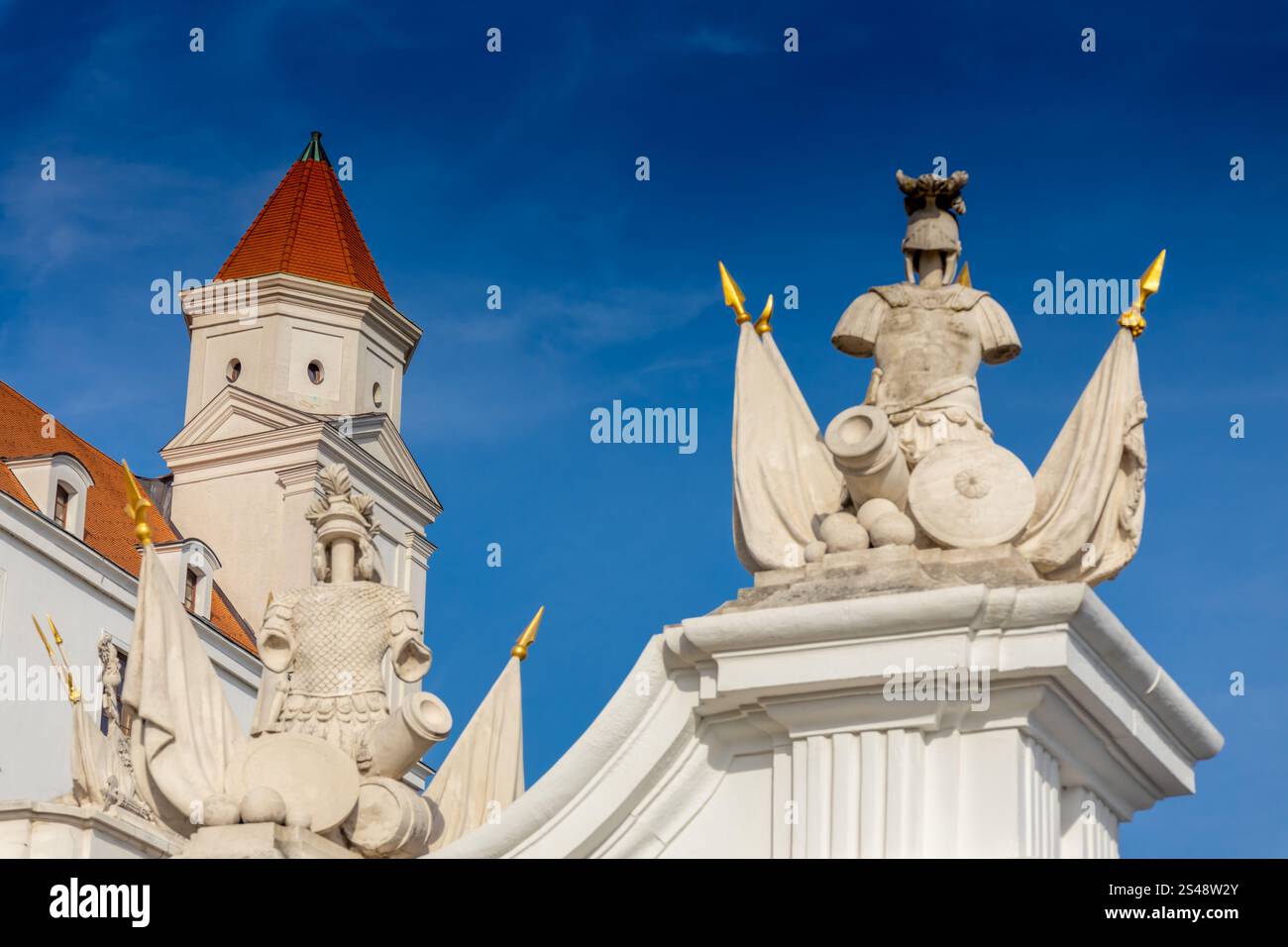 Bratislava historical city center buildings, fortress and church. The ...