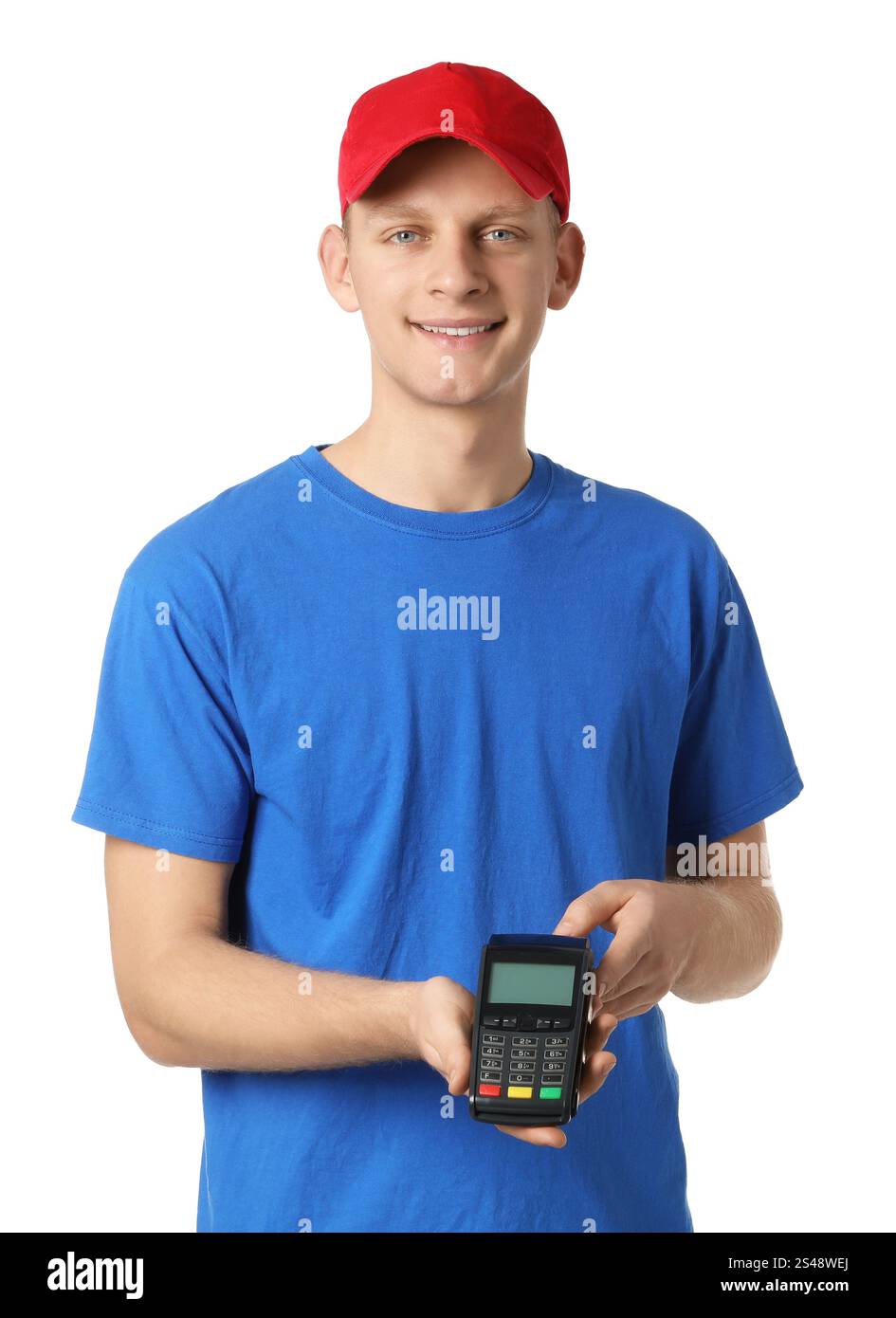 Happy courier with payment terminal on white background Stock Photo - Alamy