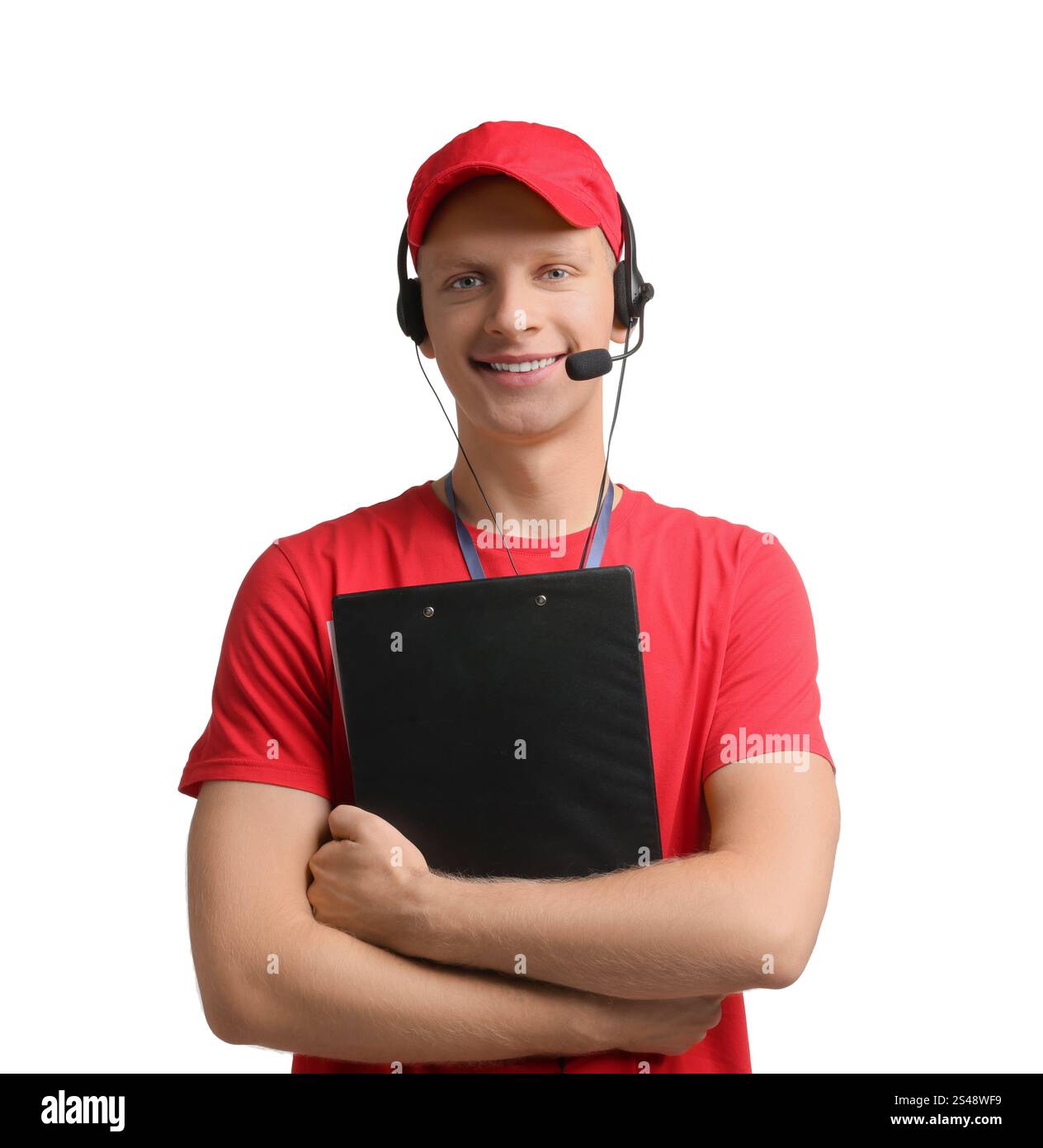 Technical support call center. Smiling operator with clipboard on white ...