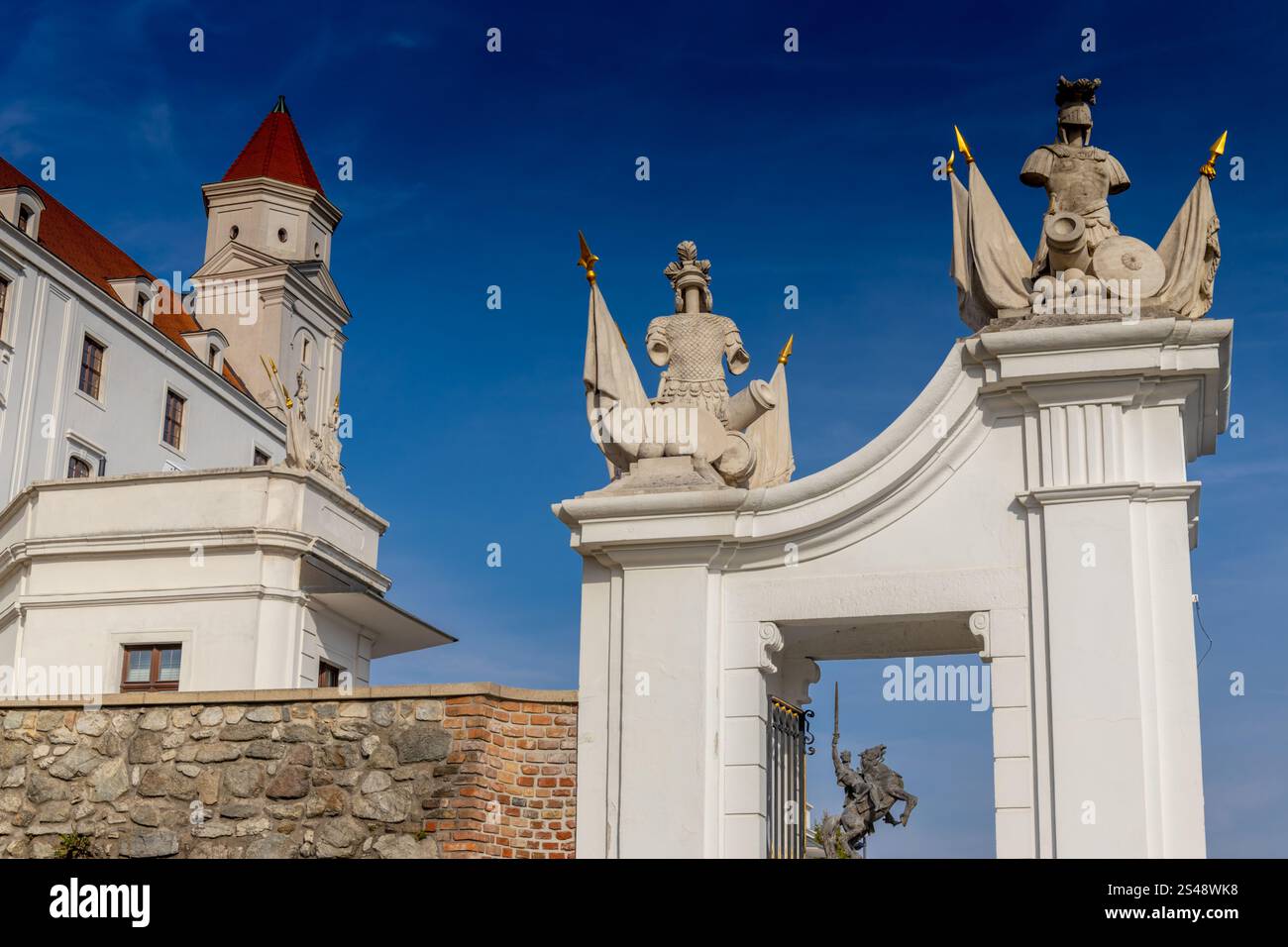 Bratislava historical city center buildings, fortress and church. The ...