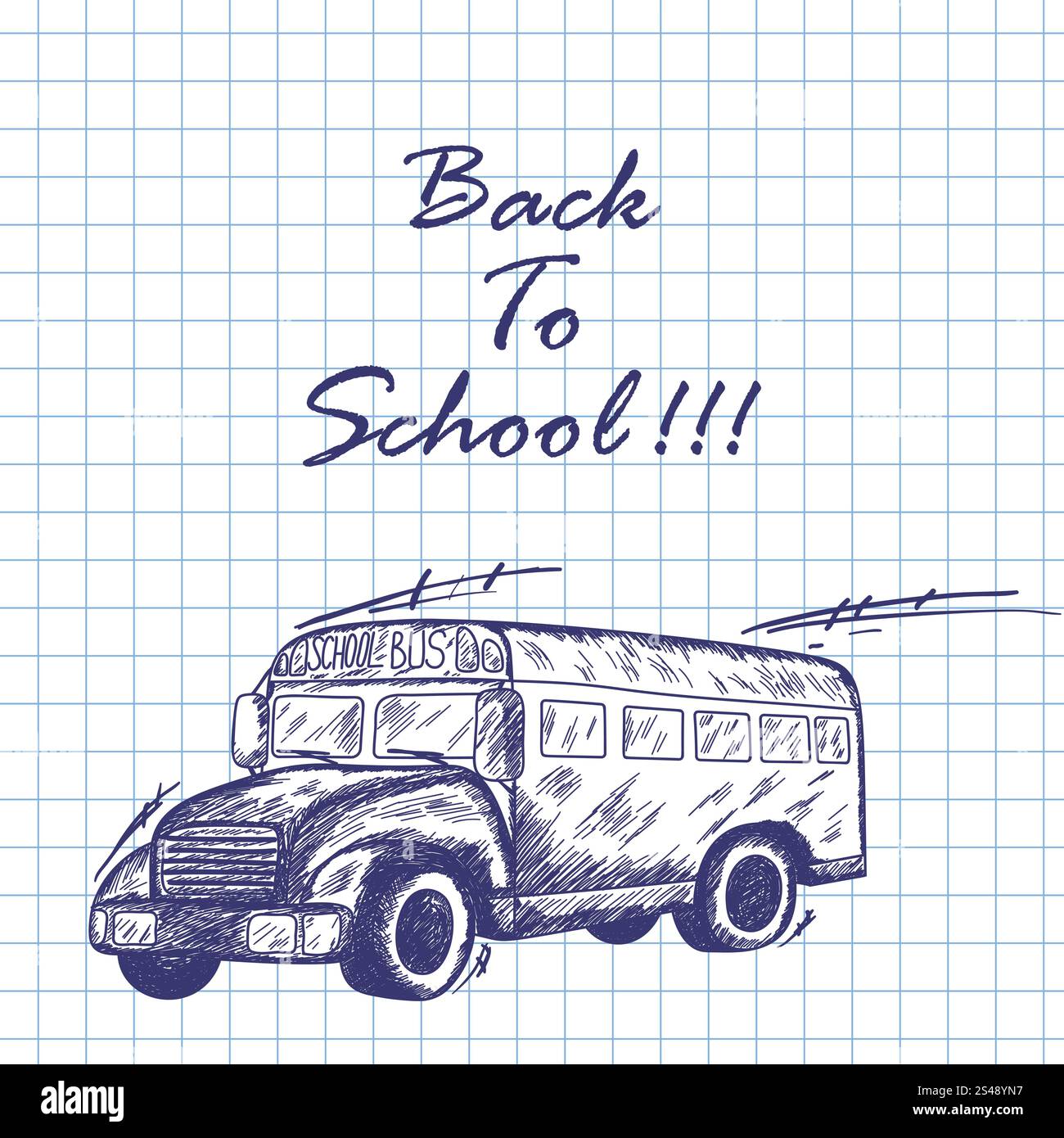 School bus. Doodle sketch on checkered paper background. Vector ...