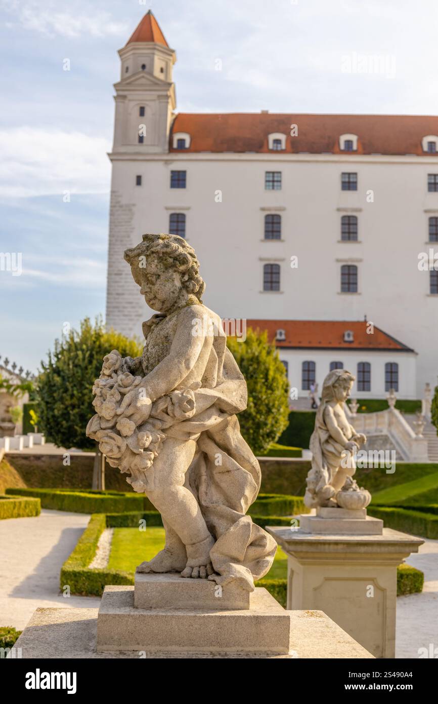 Bratislava historical city center buildings, fortress and church. The ...