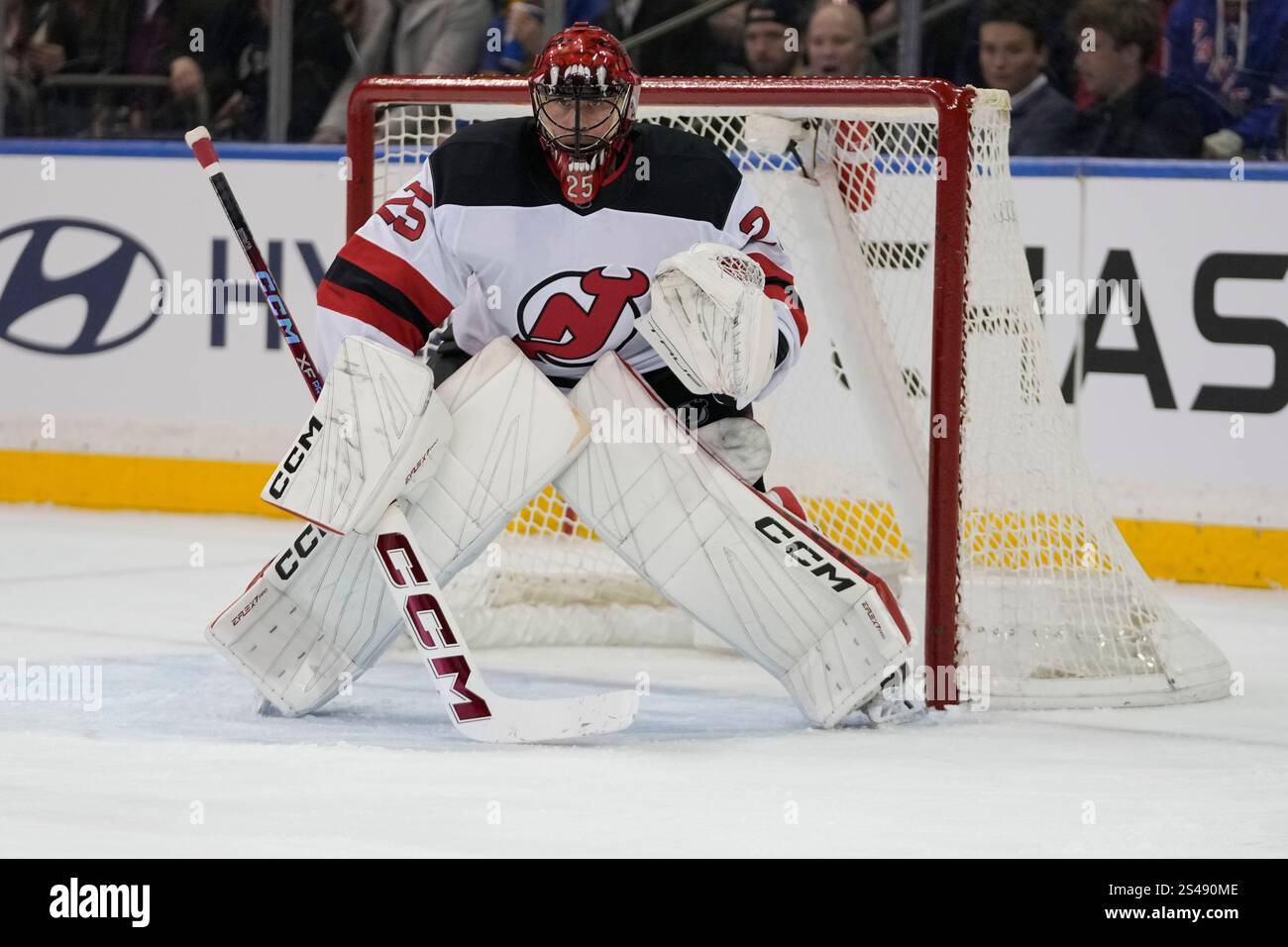 New Jersey Devils goaltender Jacob Markstrom (25) during the first period of an NHL hockey game ...