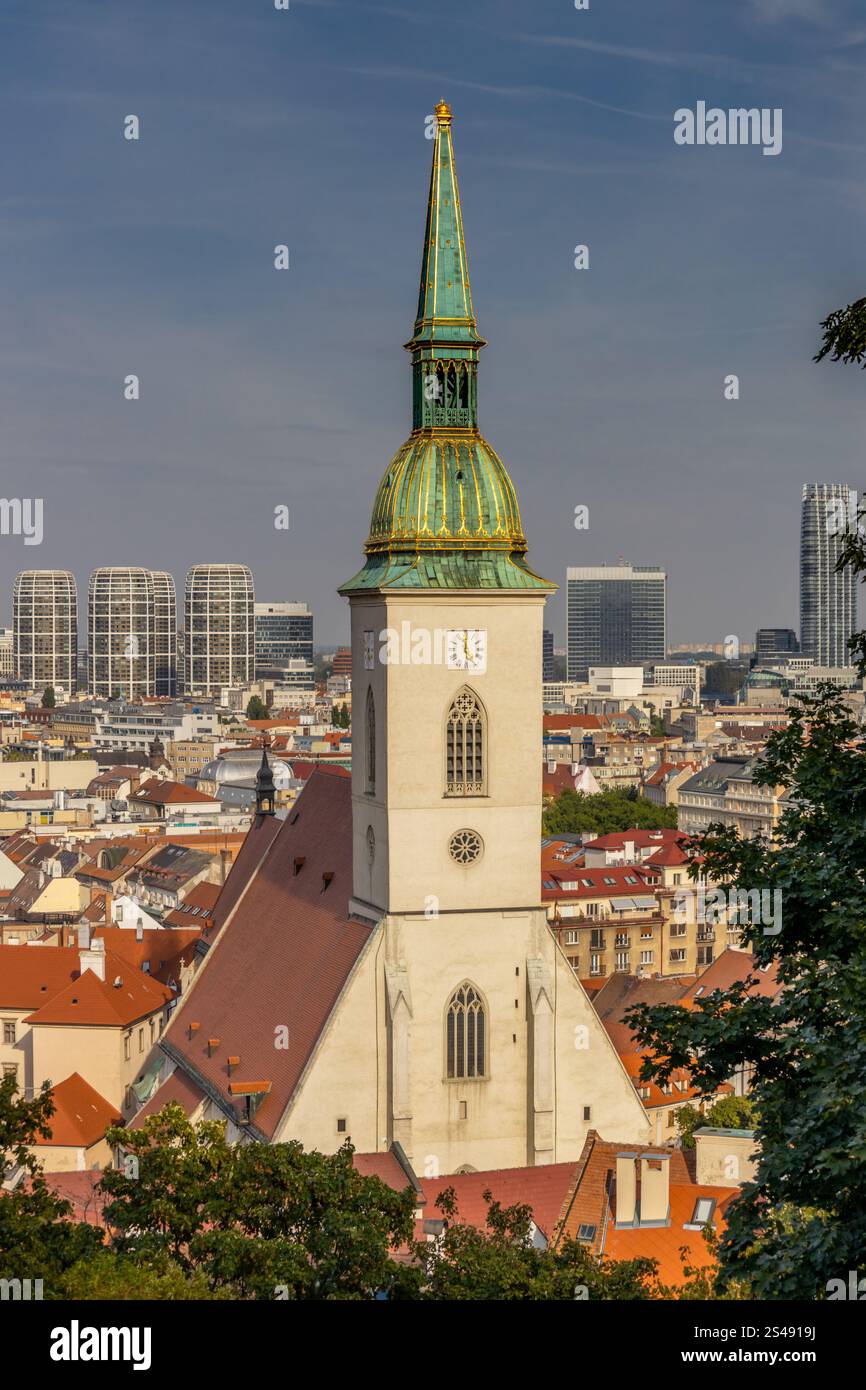 Bratislava historical city center buildings, fortress and church. The ...