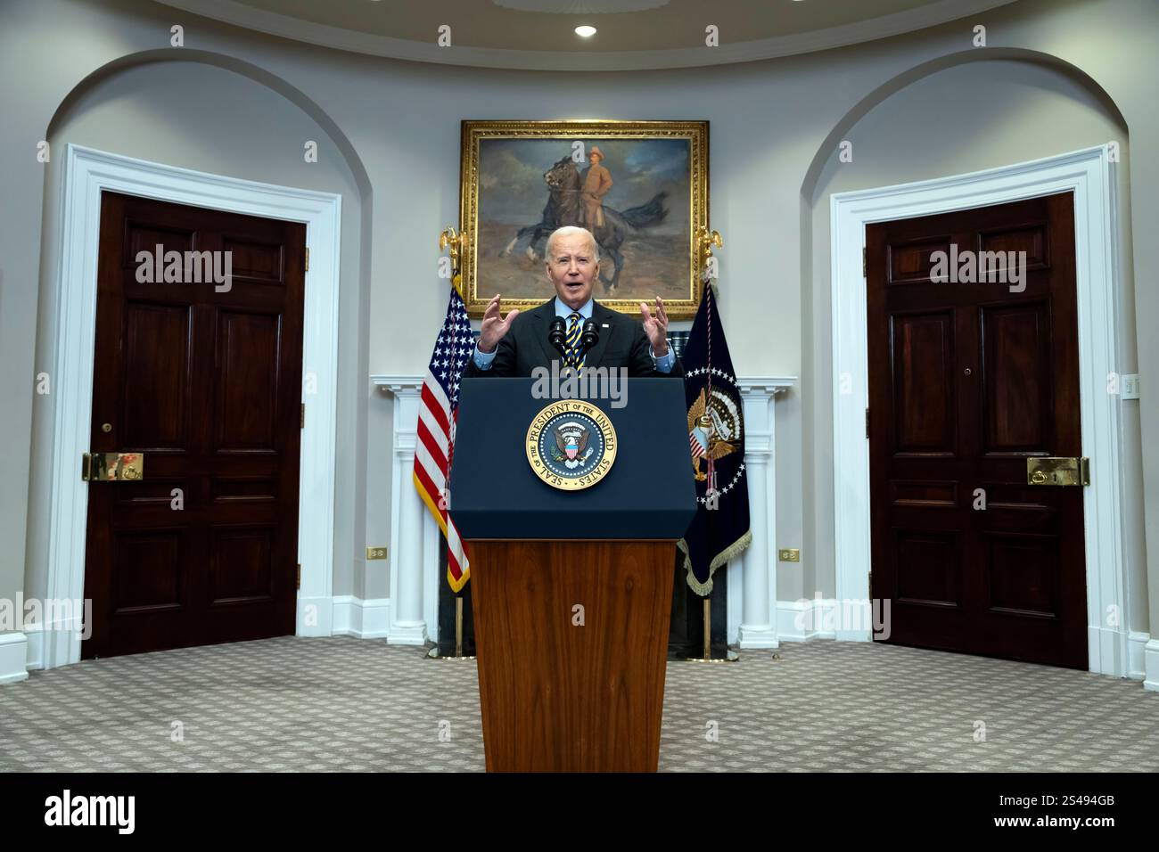 President Joe Biden speaks in the Roosevelt Room at the White House in ...