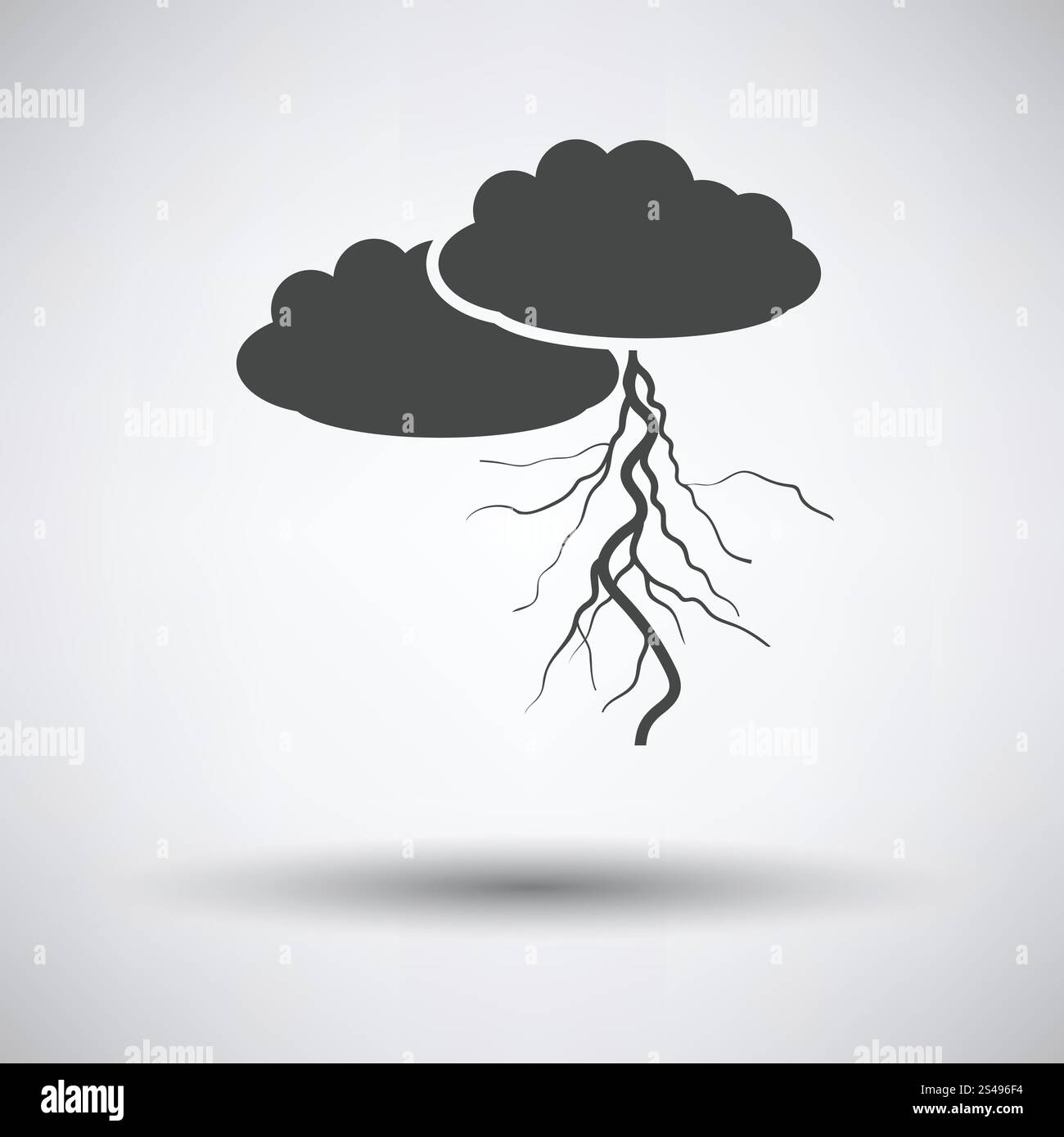 Clouds and lightning icon on gray background, round shadow. Vector ...