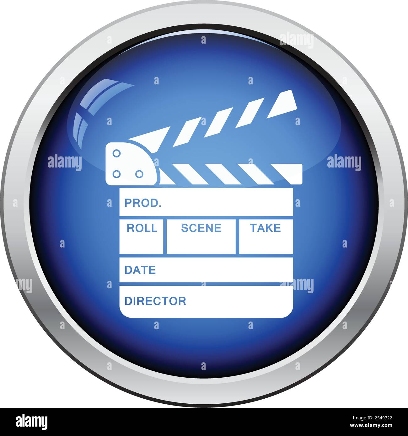 Movie clap board icon. Glossy button design. Vector illustration Stock ...