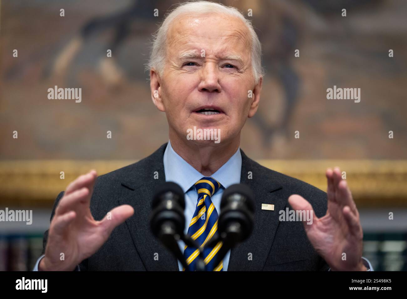 President Joe Biden speaks in the Roosevelt Room at the White House in ...