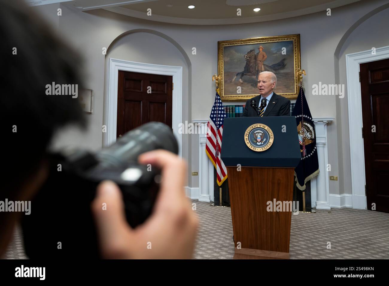 President Joe Biden speaks in the Roosevelt Room at the White House in ...