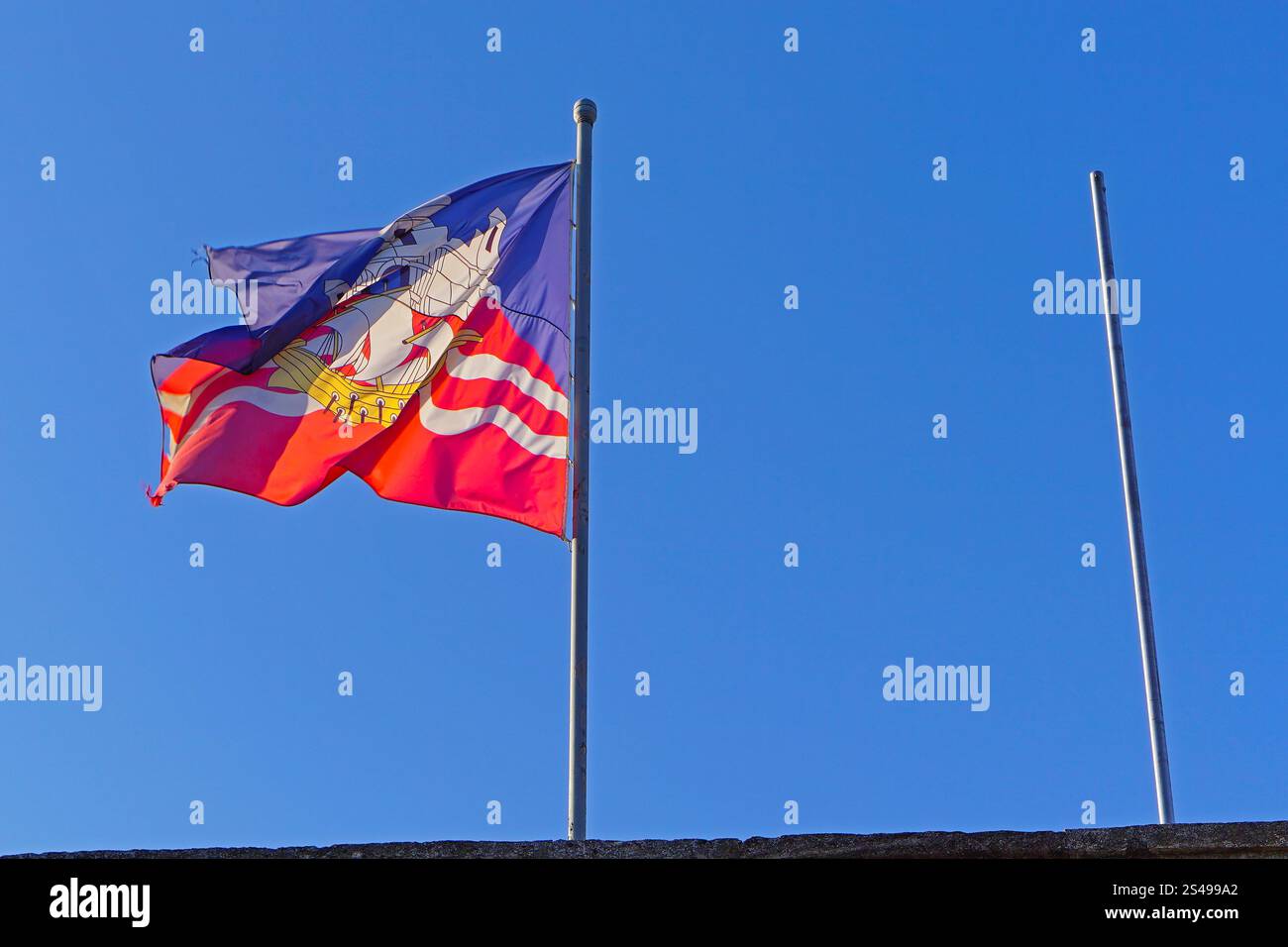 Belgrade, Serbia - October 07, 2019: Official town coat of arms at flag ...