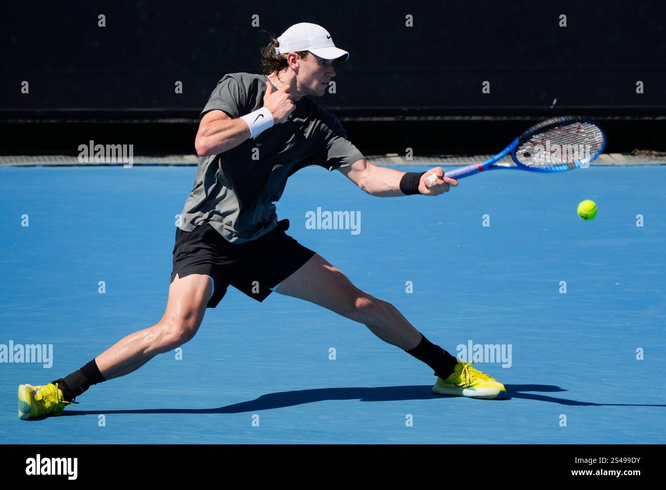 Britain's Jack Draper plays a forehand return during a practice session ...
