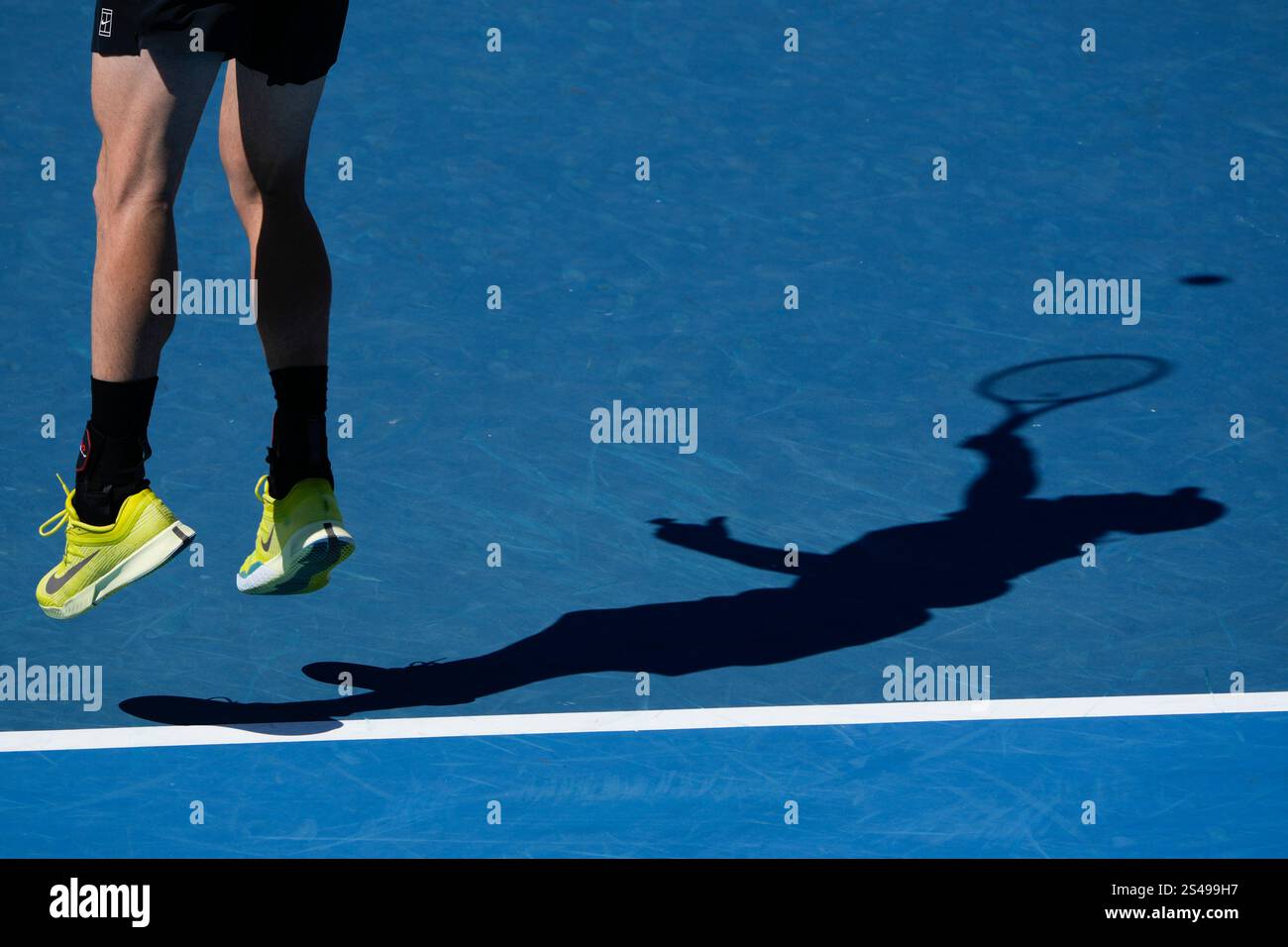 Britain's Jack Draper serves during a practice session ahead of the ...