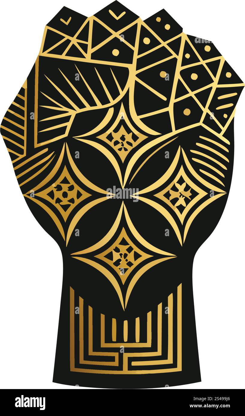 African inspired raised fist design with black and gold tribal motifs ...