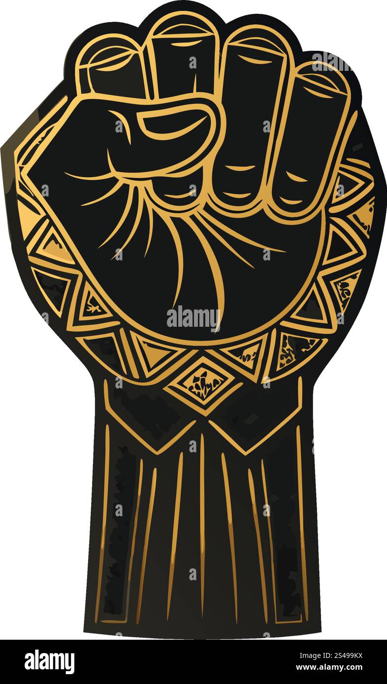 Empowering raised fist design in black and gold tribal aesthetics ...