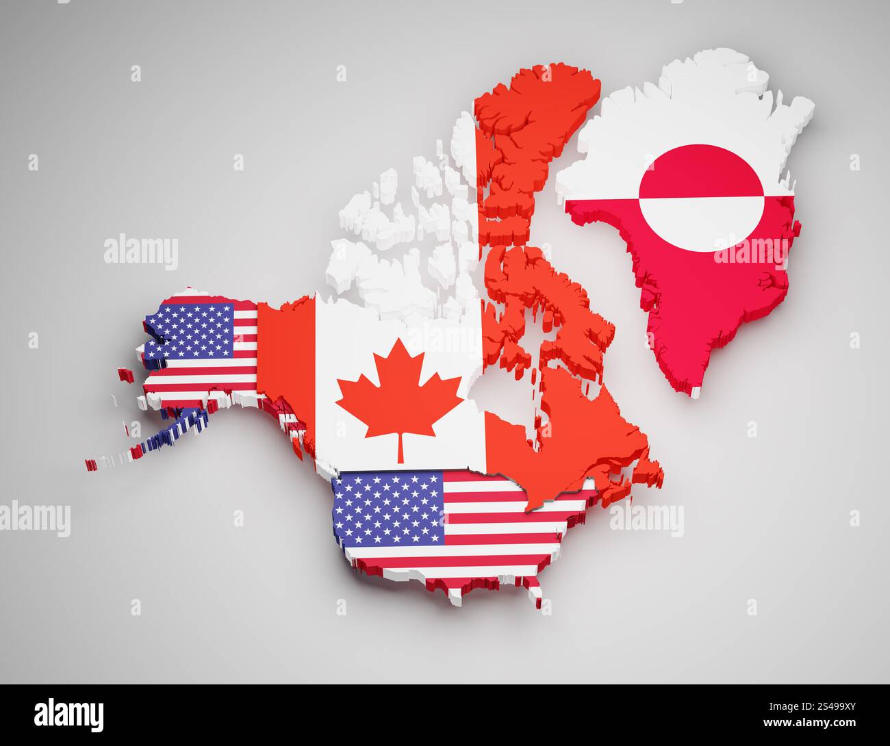 3d maps of the USA, Canada and Greenland with the respective flags as ...