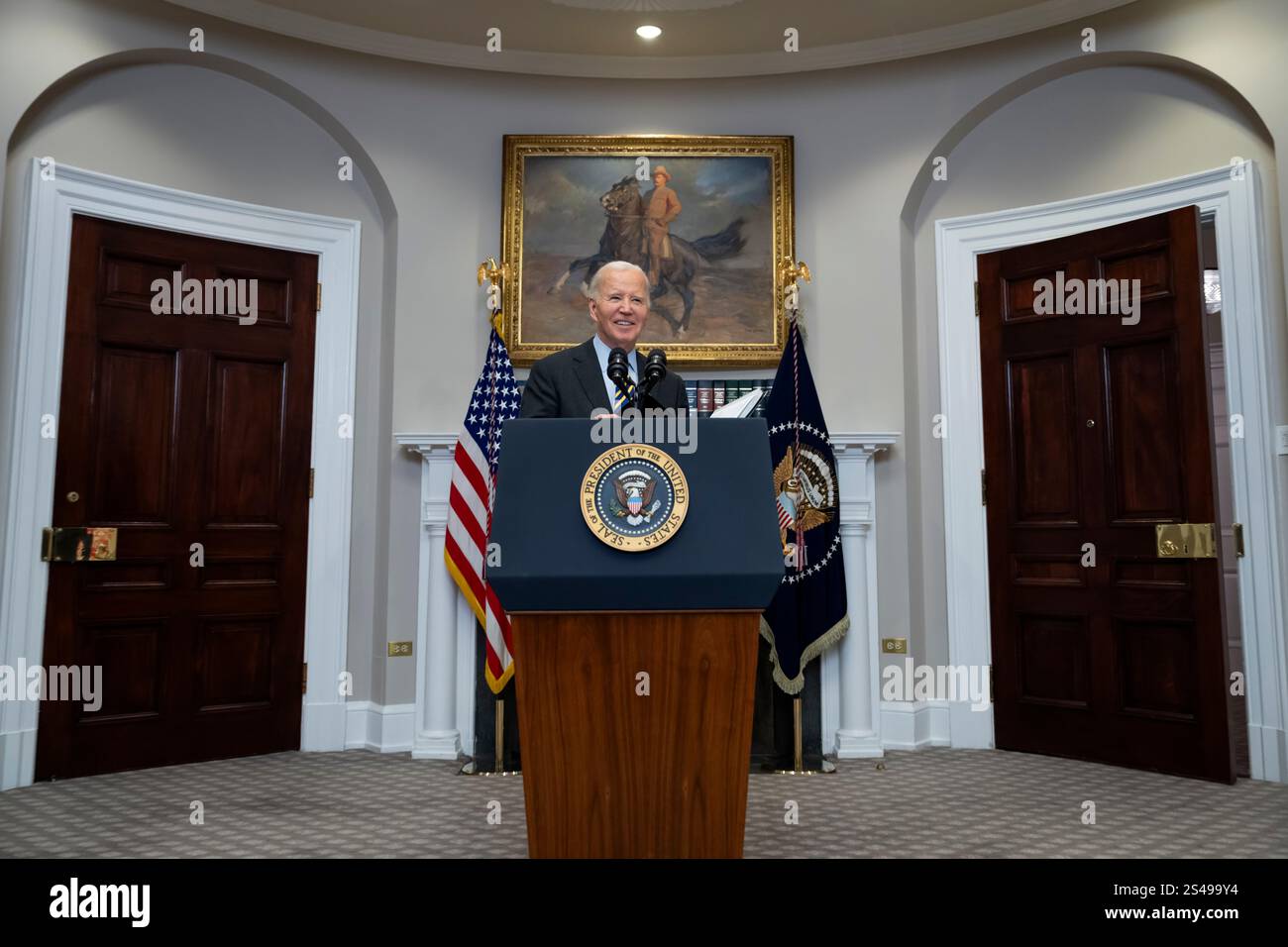 President Joe Biden speaks in the Roosevelt Room at the White House in ...