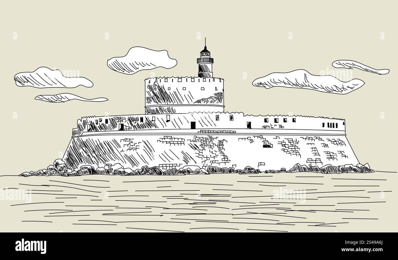 Rhodes ancient fort. Sketch design. Vector illustration Stock Vector ...